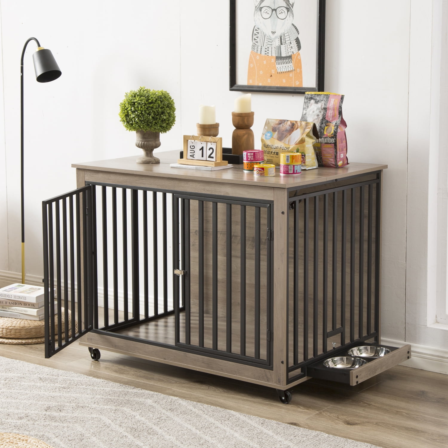 Vivifying Furniture Style Dog Crate Side Table Grey, 43.7"W x 30"D x 33 ...