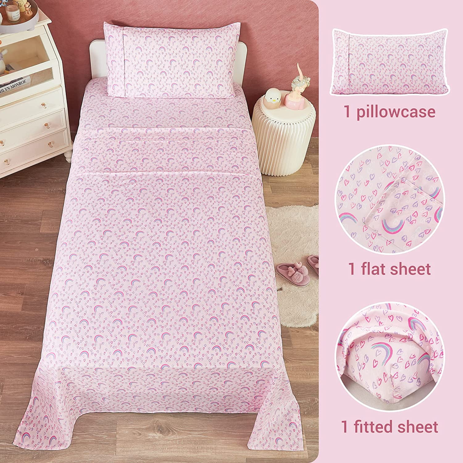 Viviland Kids Twin Sheet Set - Pink Heart Twin Sheet Set for Girls ...