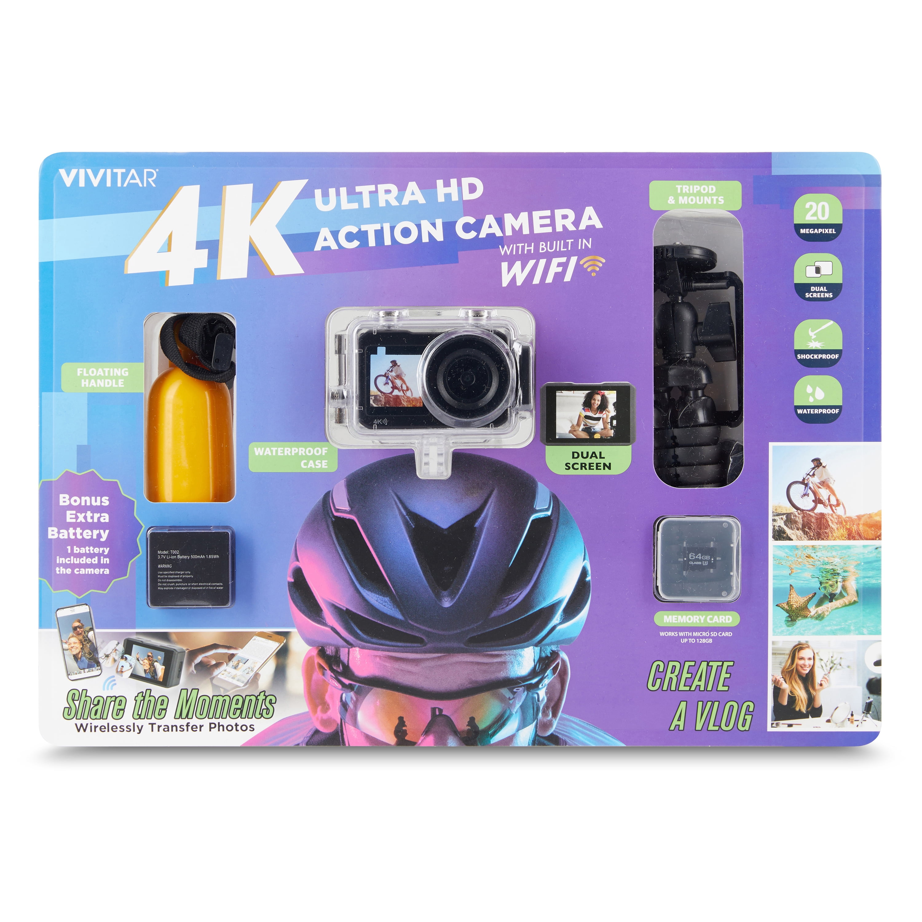 Vivitar 4K Ultra HD Action Cam, Dual Screen, Wifi, Bonus Battery, SD ...