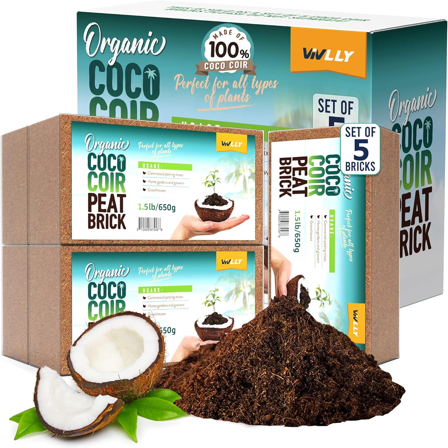 Vivlly Organic Coco Coir Bricks, 5 Count, Peat Moss Free, Compressed ...
