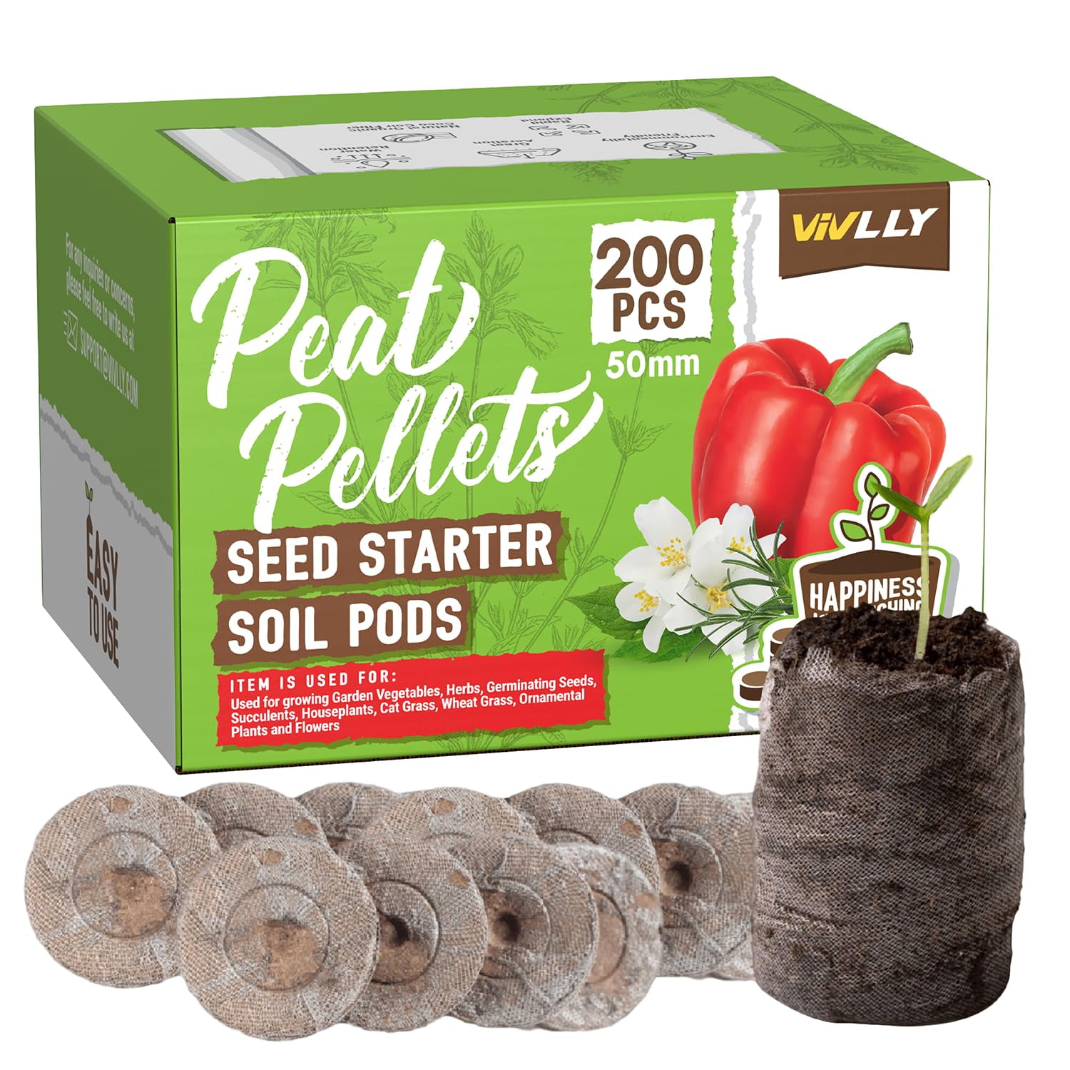 Vivlly Peat Pellets - 200pcs 50mm, Seed Starter Pods for Planting ...
