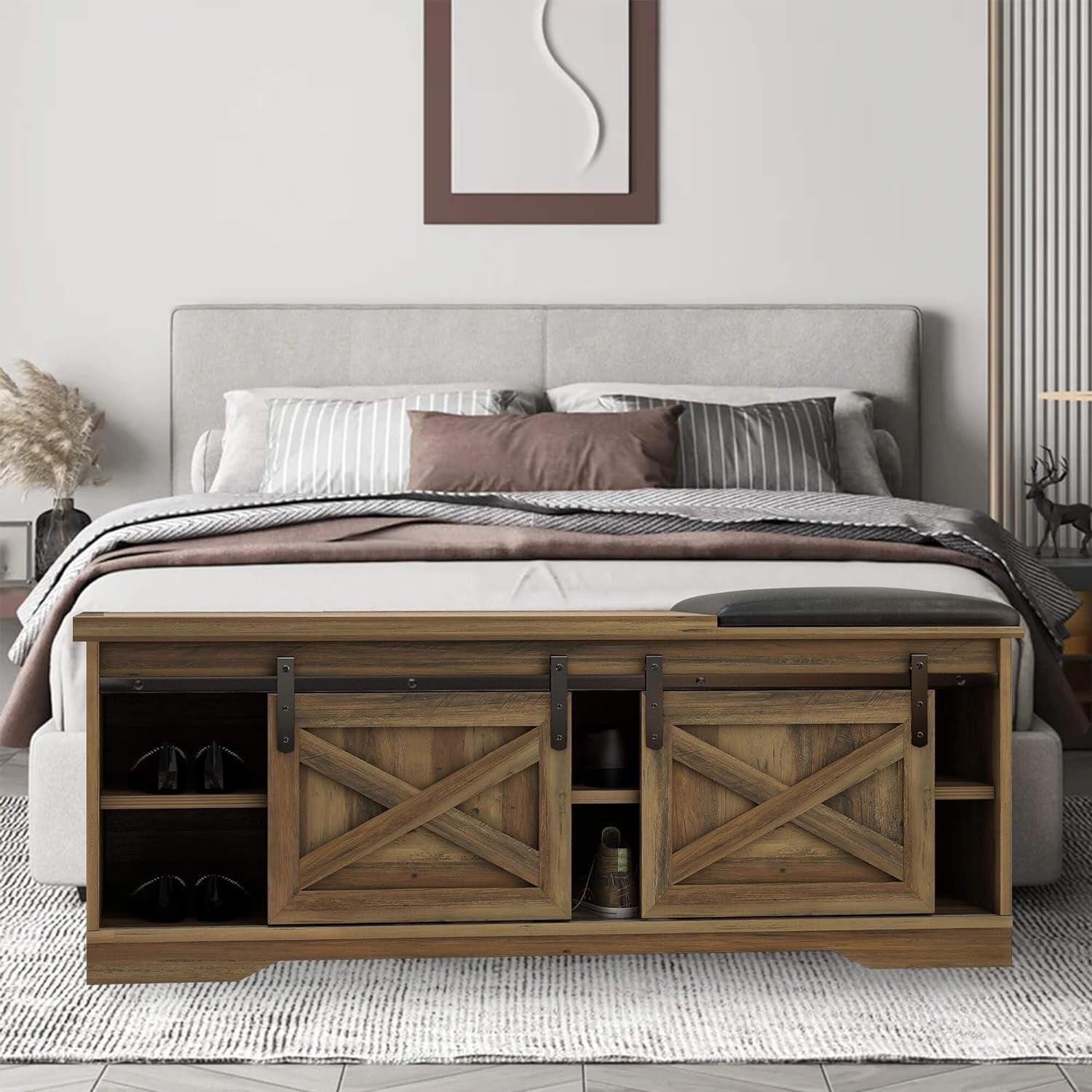 Vivvoo Rustic Farmhouse Bench with Hidden Storage, Wooden Shoe Rack for ...