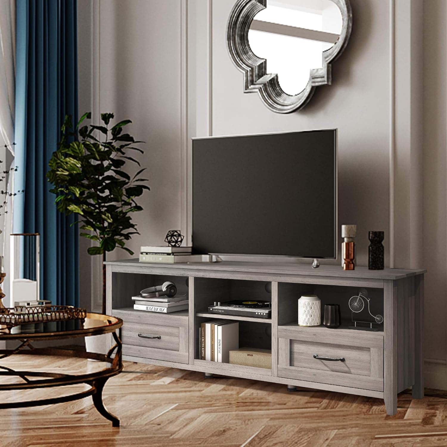 POVISON 78.74" Modern Wood Black TV Stand, Rectangular Media Console ...