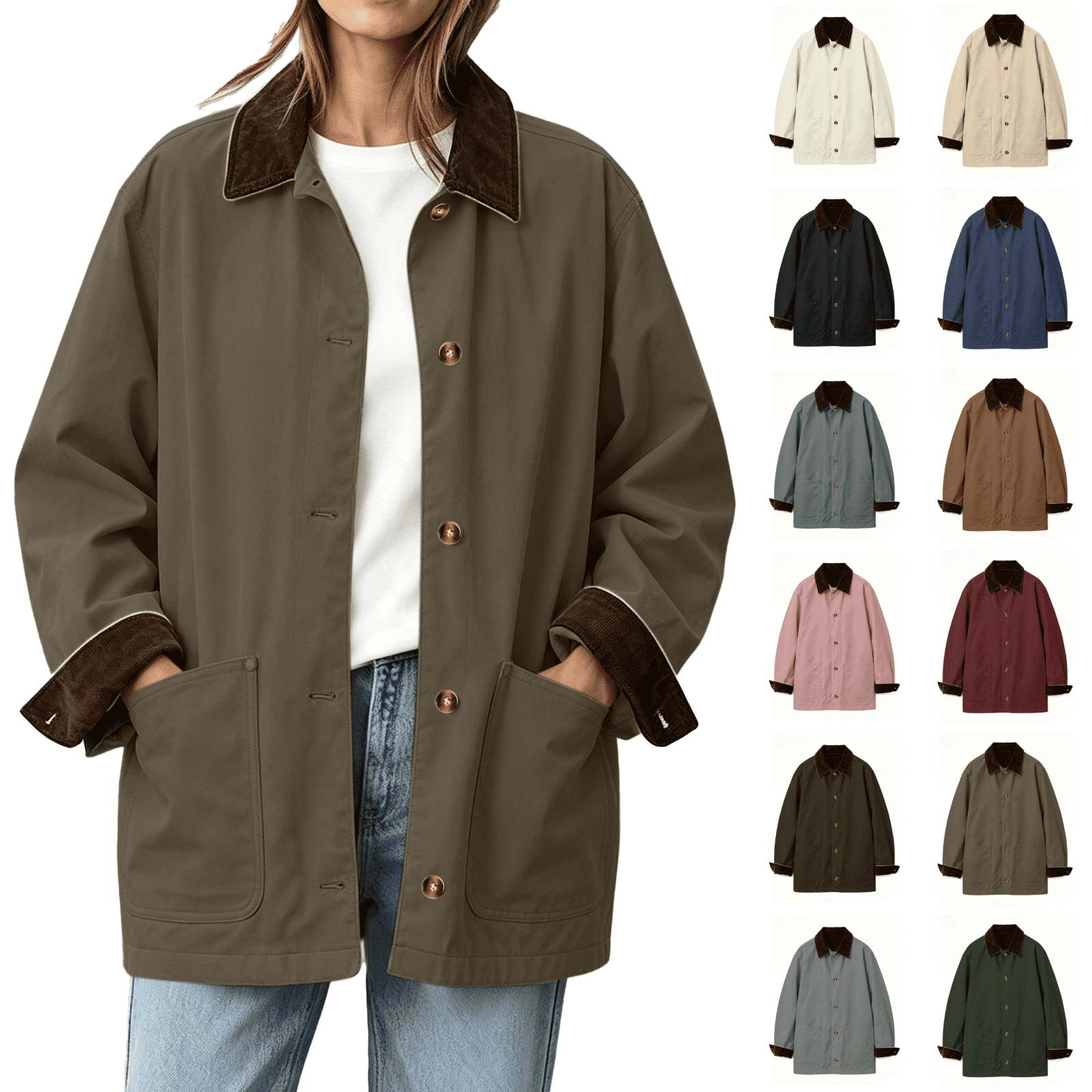 Vixolx Womens Barn Jacket Contrast Corduroy Collar Cuffs Button Down ...