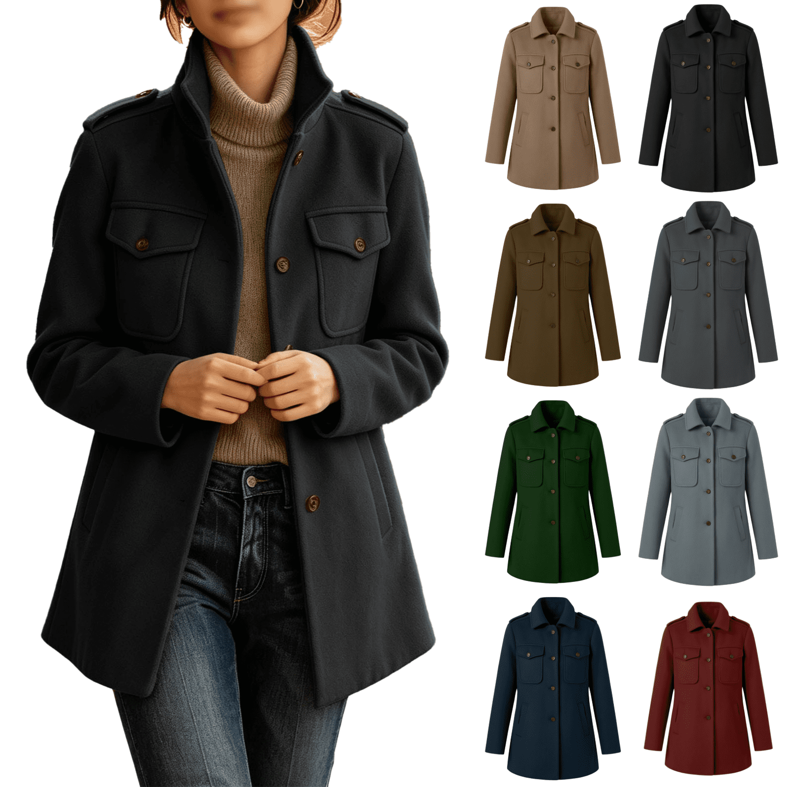 Vixolx Wool Straight Pea Coat for Women Stand Collar Single Breasted ...