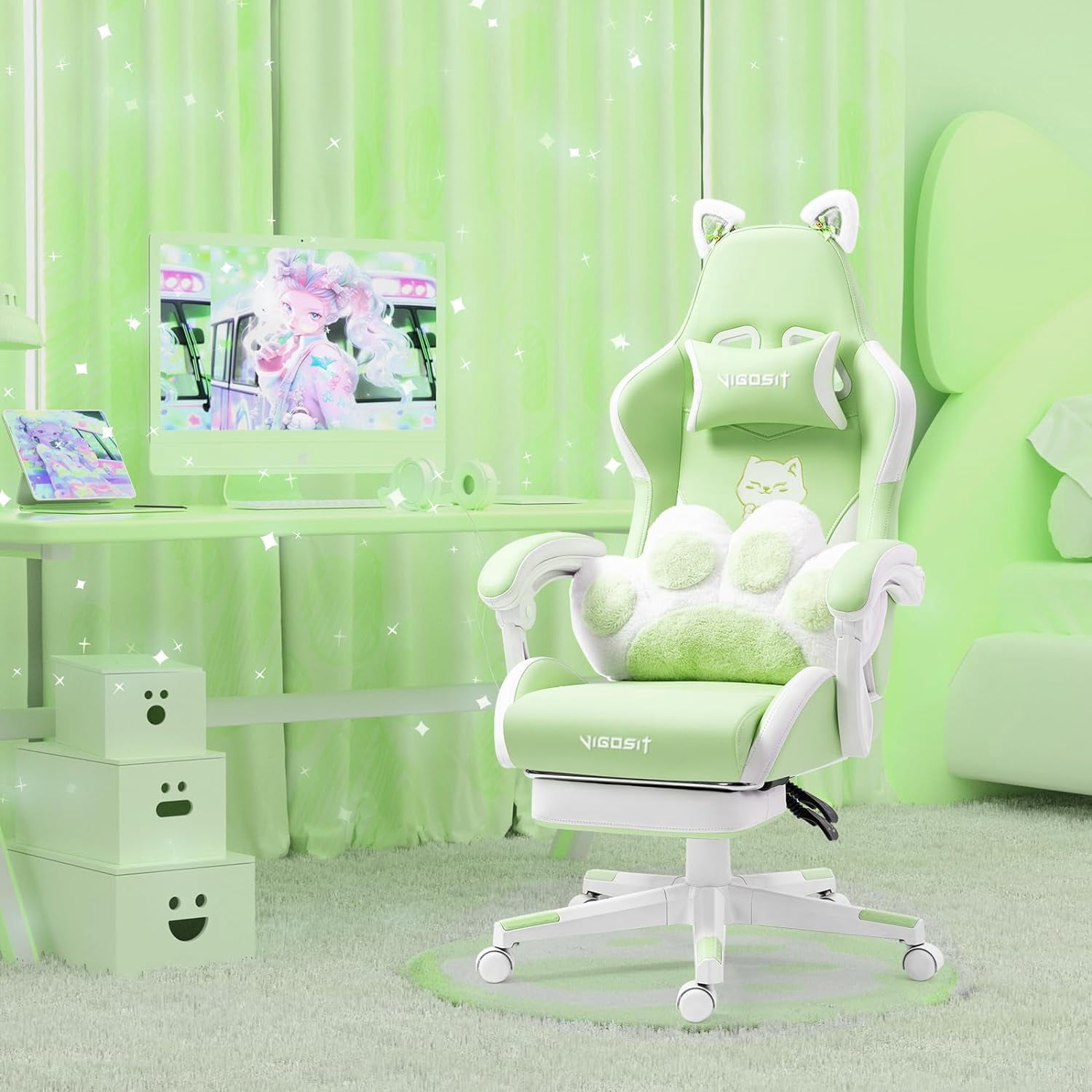 VlGOSlT Cat Ear Gaming Chair with Footrest - Adjustable Lumbar Support ...