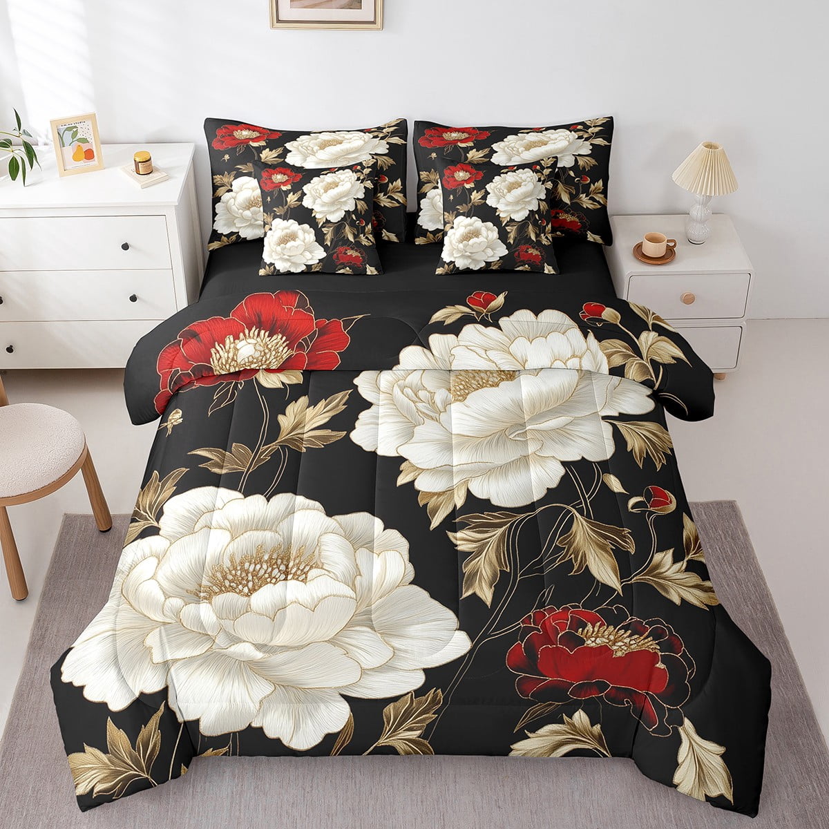 Vlaentine's Day Queen Comforter Set - Vintage Peony 7 Piece Bedding All ...