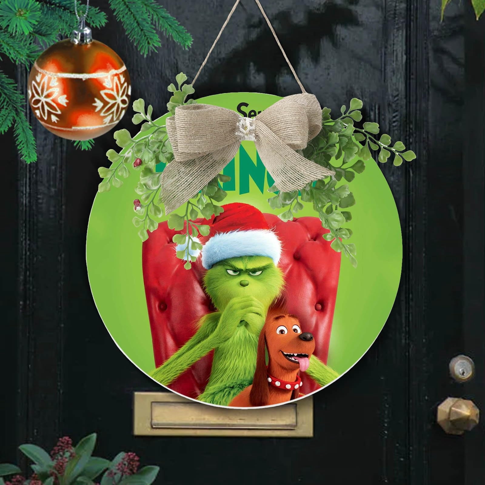 Vlemua Festival Gifts Ornate Grinch Front Door Welcome Sign, Green ...
