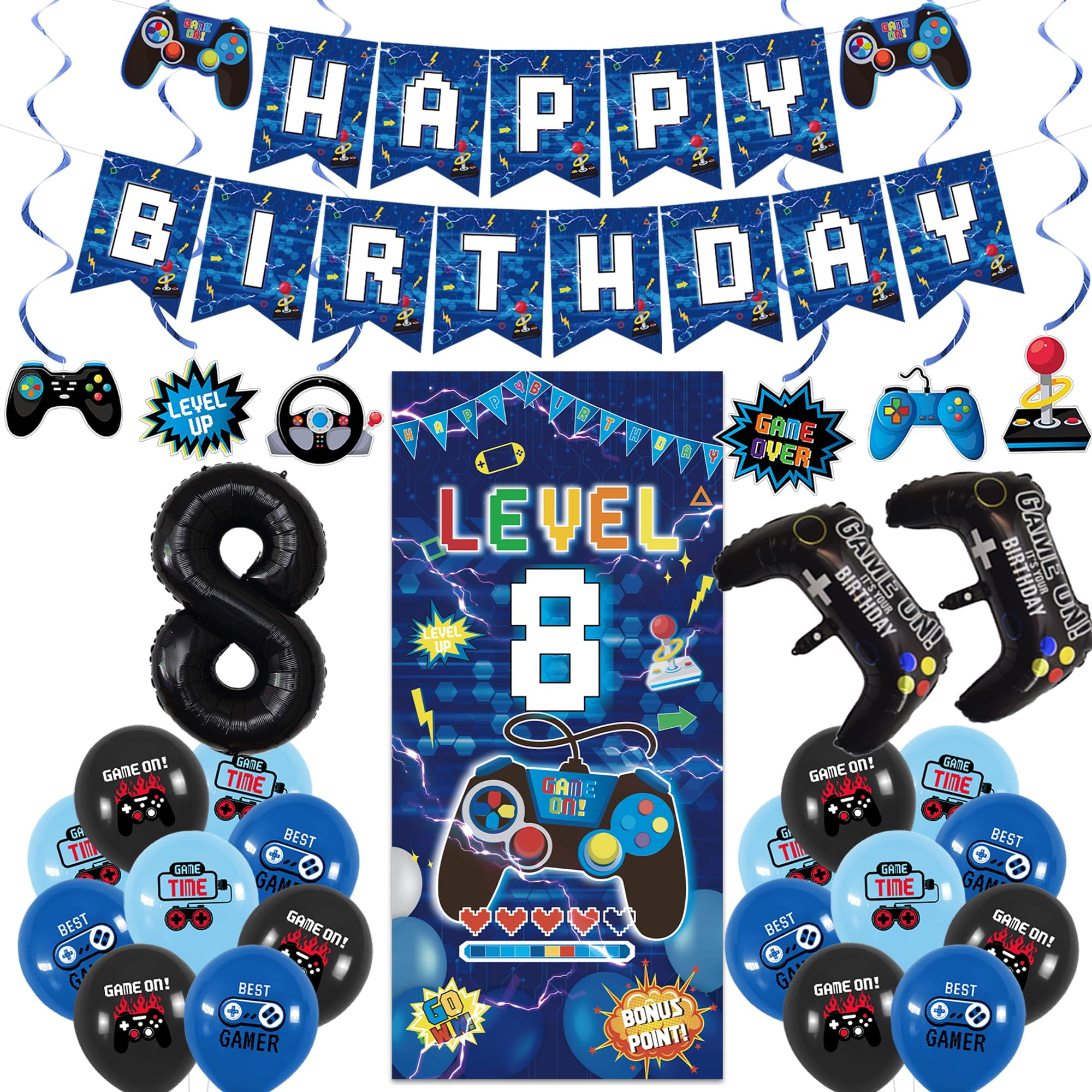 Vlipoeasn Blue 8th Birthday MMF7 Decorations for Boys, Video Game Level 8 Banner Backdrop ...