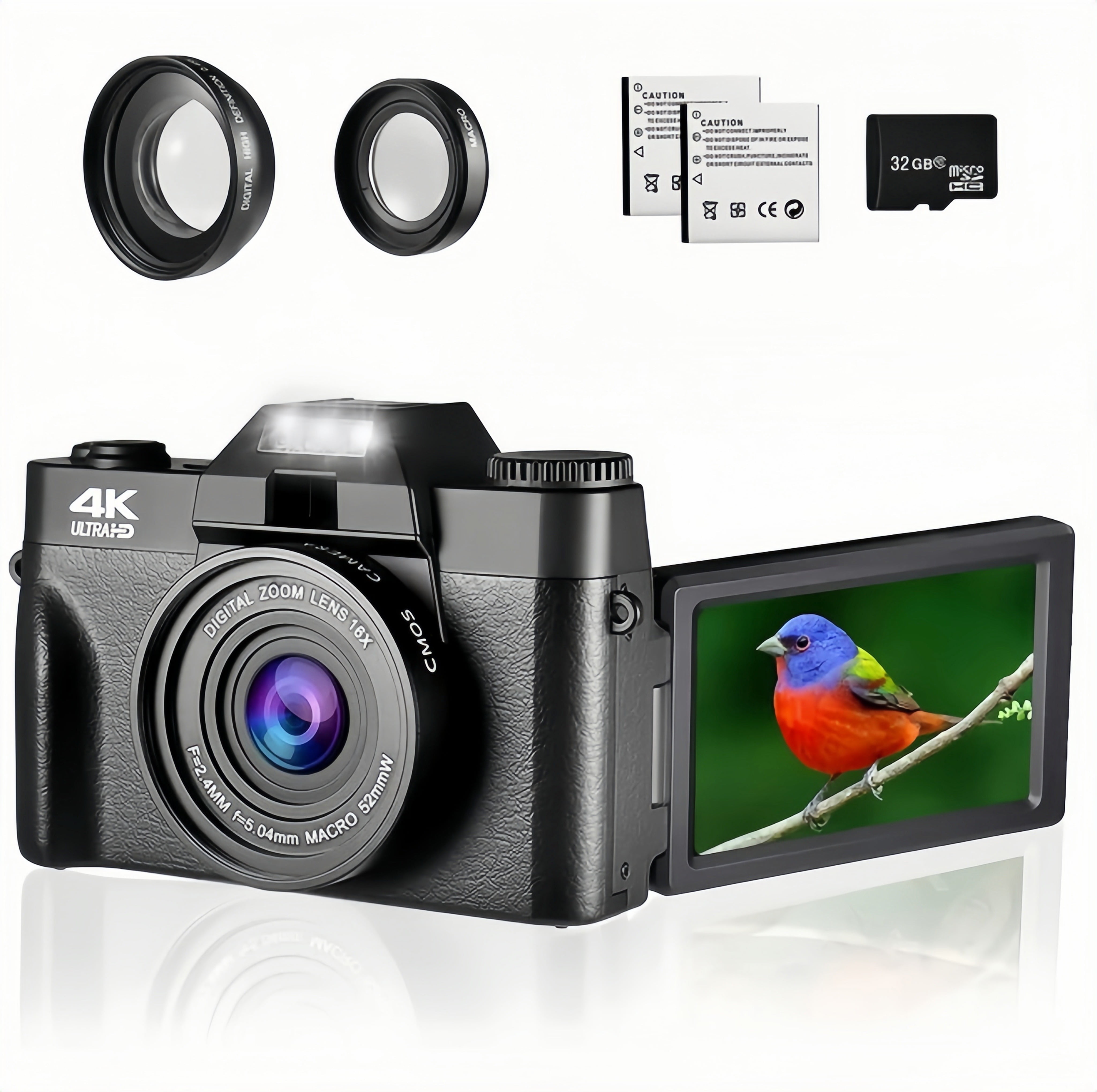 4K Vlogging Camera, 48MP, 16X Zoom, 180° Flip Screen, 32GB SD Card ...
