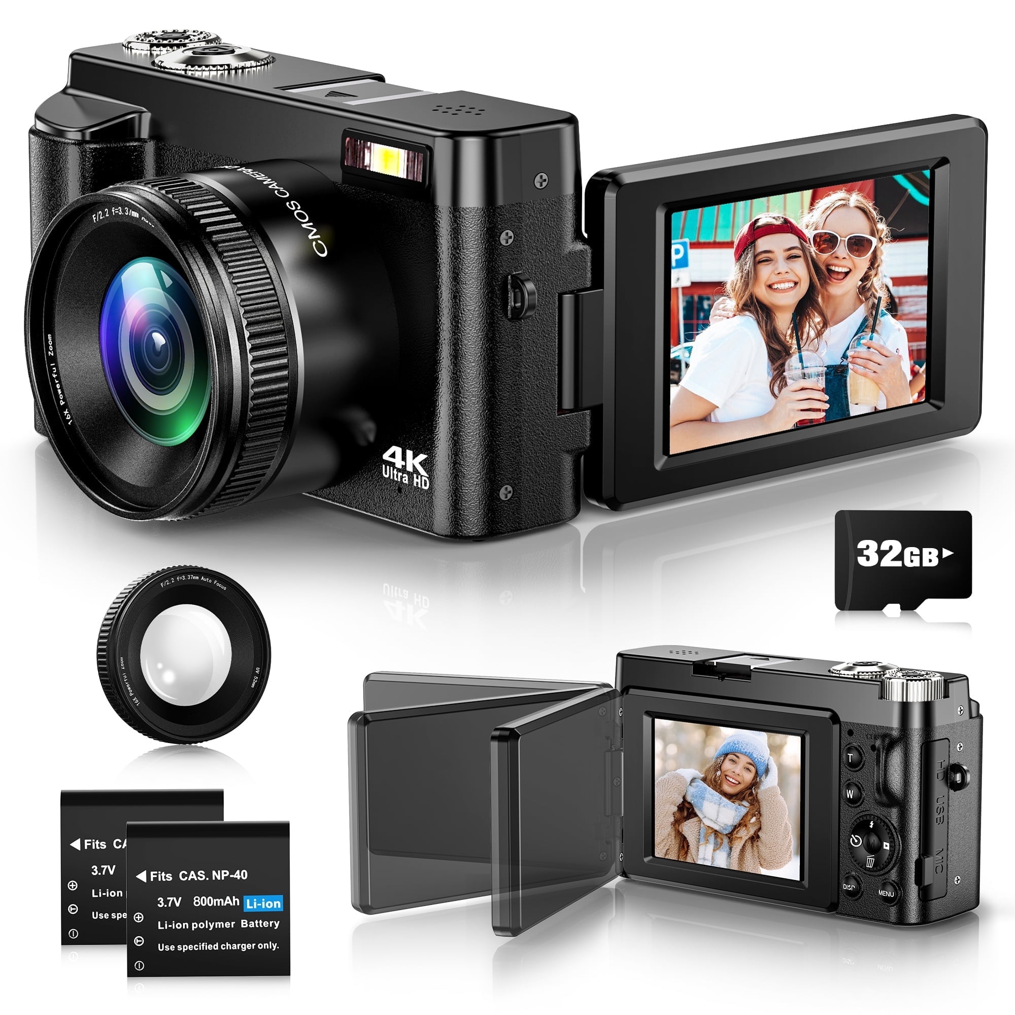 Vlogging Camera 4K Digital Camera for Youtube Autofocus with 32GB TF Card UV lens, 180° Flip ...