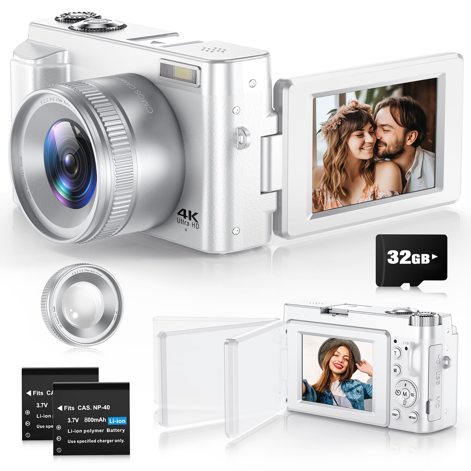 Vlogging Camera 4K Digital Camera for Youtube Autofocus with 32GB SD Card,180°Flip Screen 16X ...