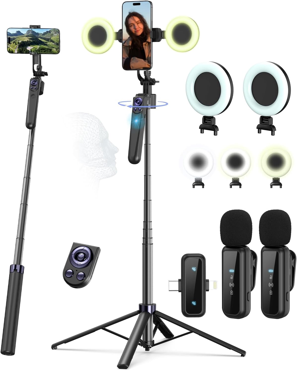 Vlogging Kit for iPhone/Android, 63”Auto Face Tracking Tripod for ...