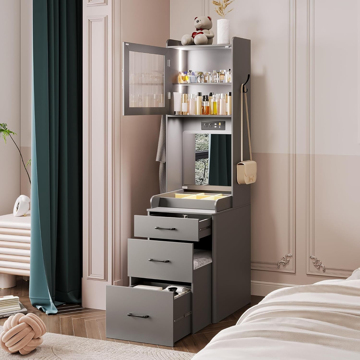 Vlsrka 70" H Vanity Desk with Mirror and Lights, Vanity Set with Hidden ...