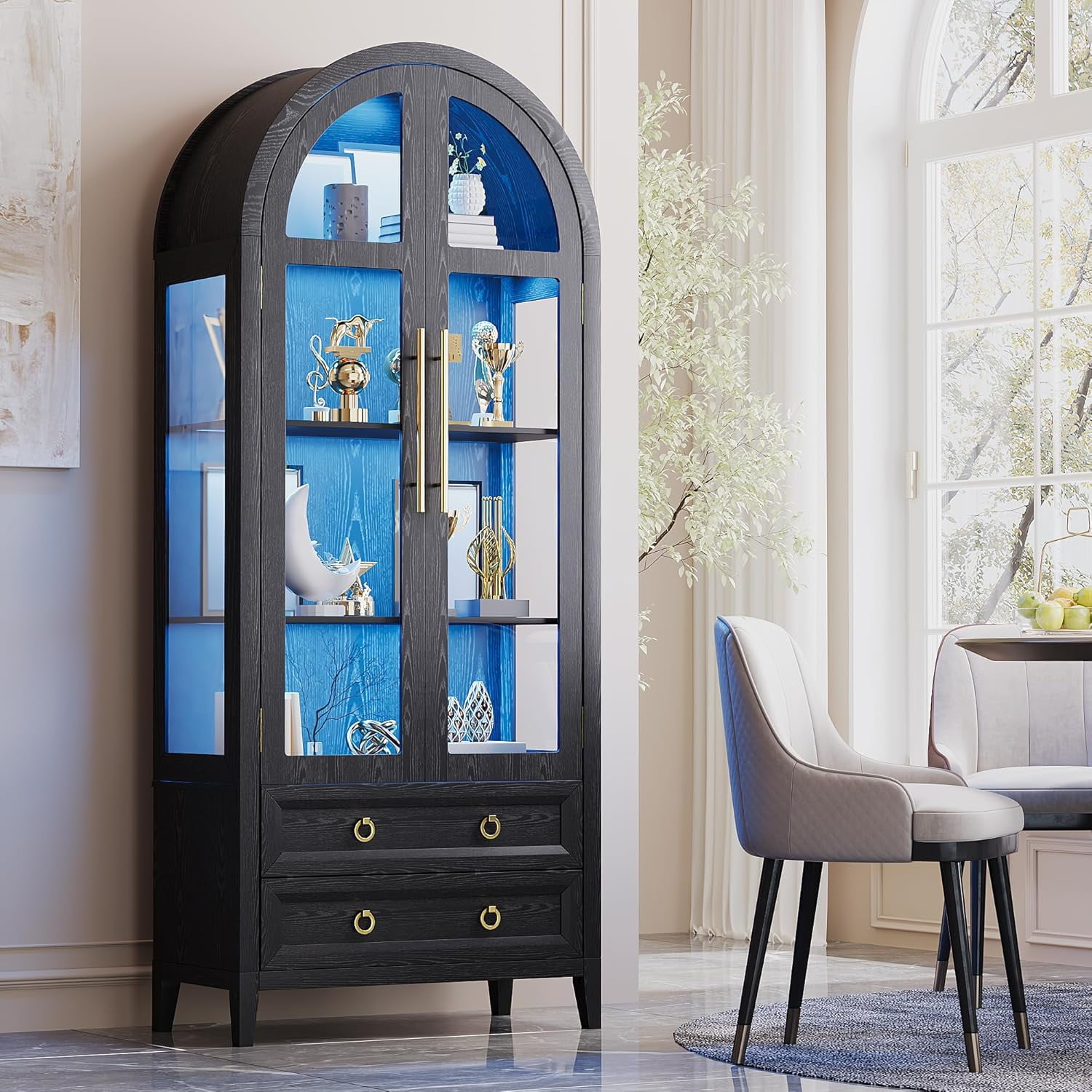 Vlsrka 71" Arched Display Cabinet with Glass Doors, 4-Tier Curio ...