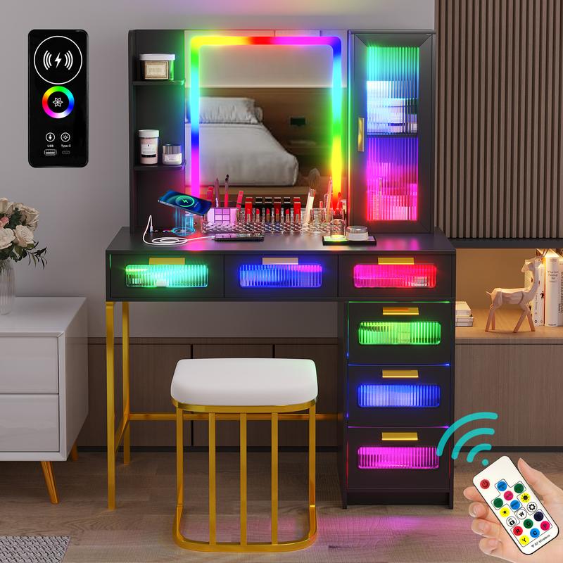 Vlsrka LED Vanity, Makeup Vanity with RGB Lights and 6 Drawers, Makeup ...
