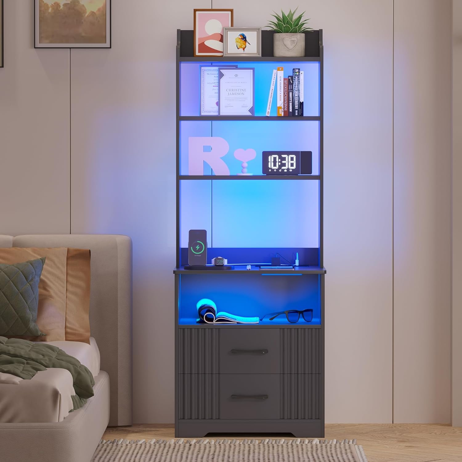 Vlsrka Tall Nightstand with Charging Station, 54" Smart Nightstand with ...