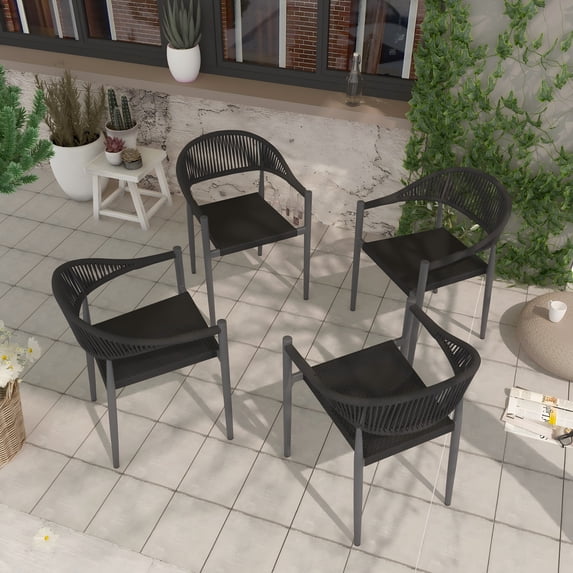 Vmopu 4-PCS Black Stackable Outdoor Hand-Woven Wicker Arm Dining Chair ...