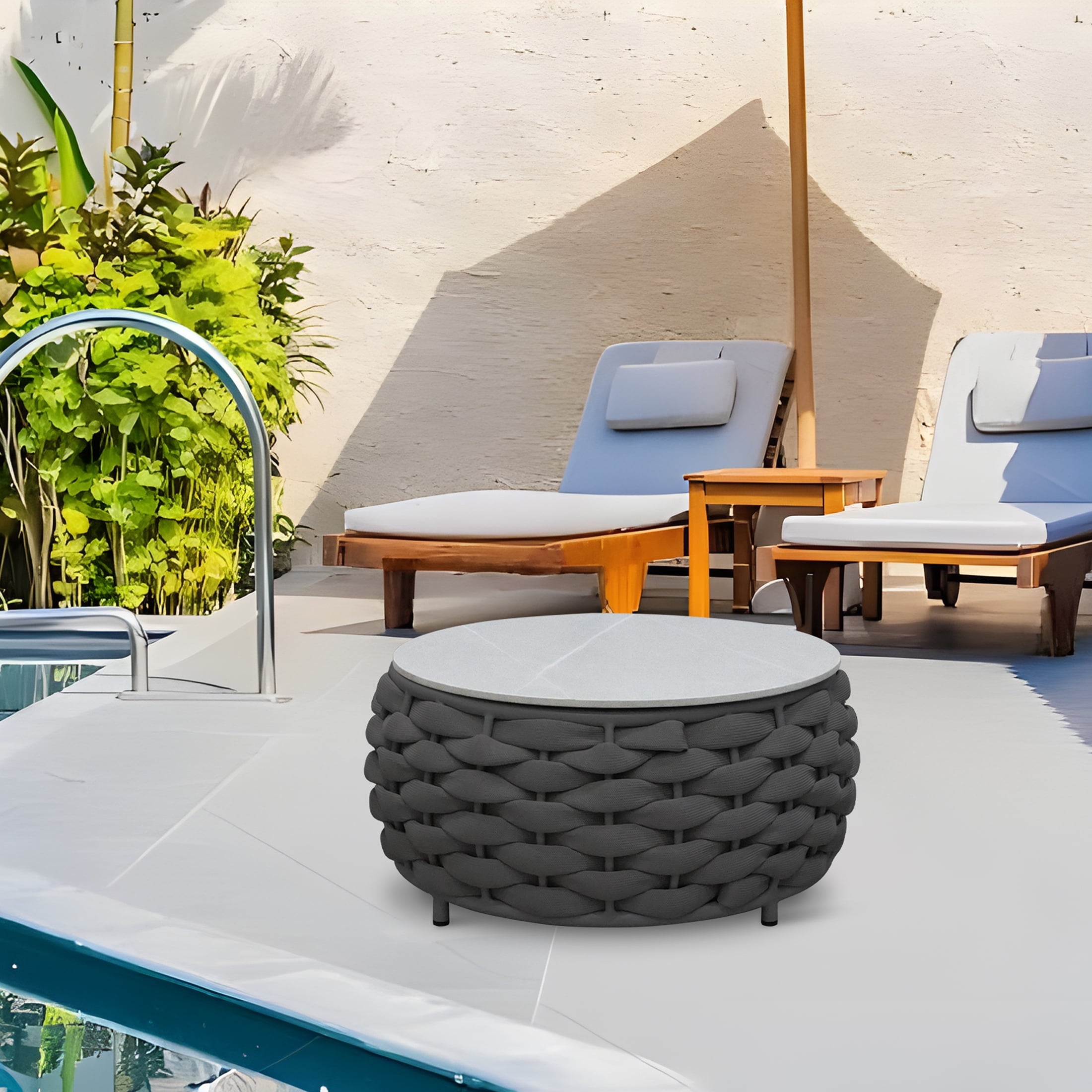 Vmopu Aluminum Frame Round Outdoor Side Table with Rock Slabs Table-Top ...