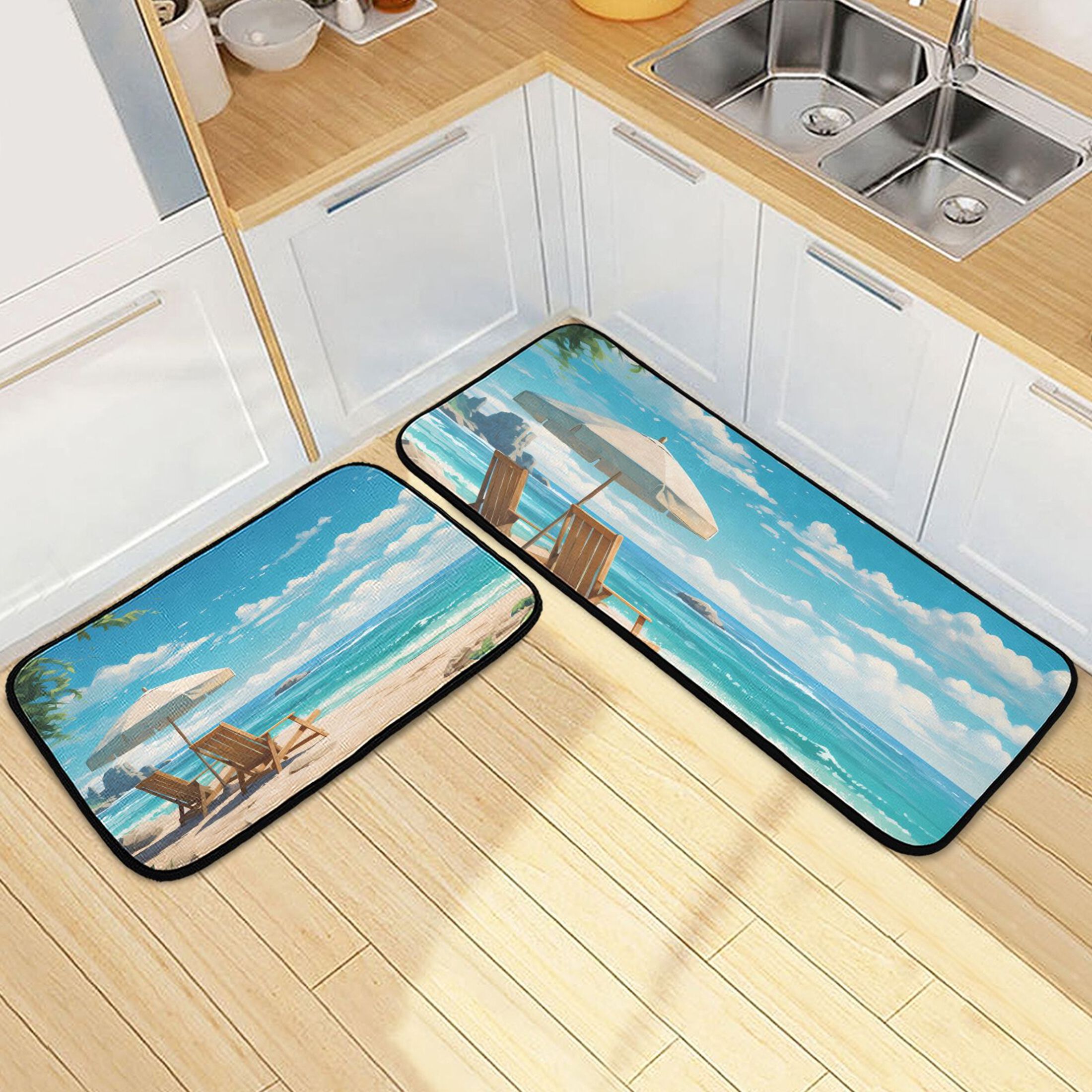 Vocation Beach Kitchen Rugs Set of 2 Non Slip Floor Foam Mat Cushioned ...
