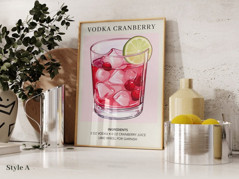 Vodka Cranberry Art Print | Bar Cart Decor Cocktail Poster | Wedding ...