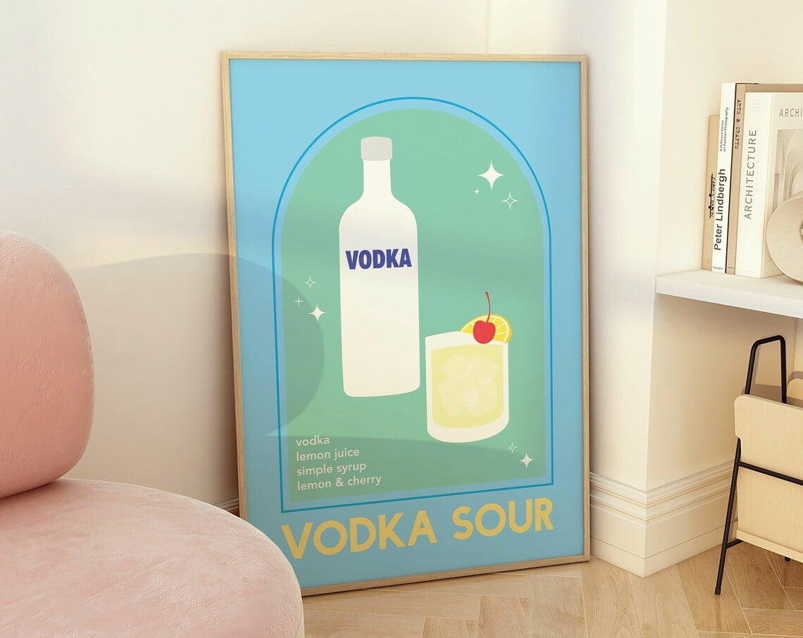 Vodka Sour Cocktail Print, Art, Cute Blue Cocktail Bar Art, Kitchen ...
