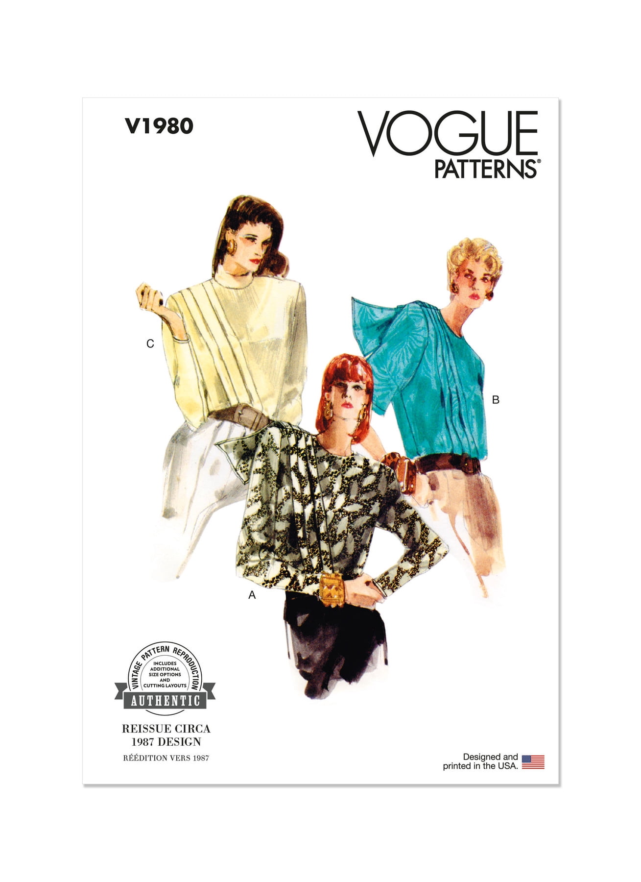 Vogue Sewing Pattern 1980 - Tops and Vintage Style for Women - Y5 (18 ...