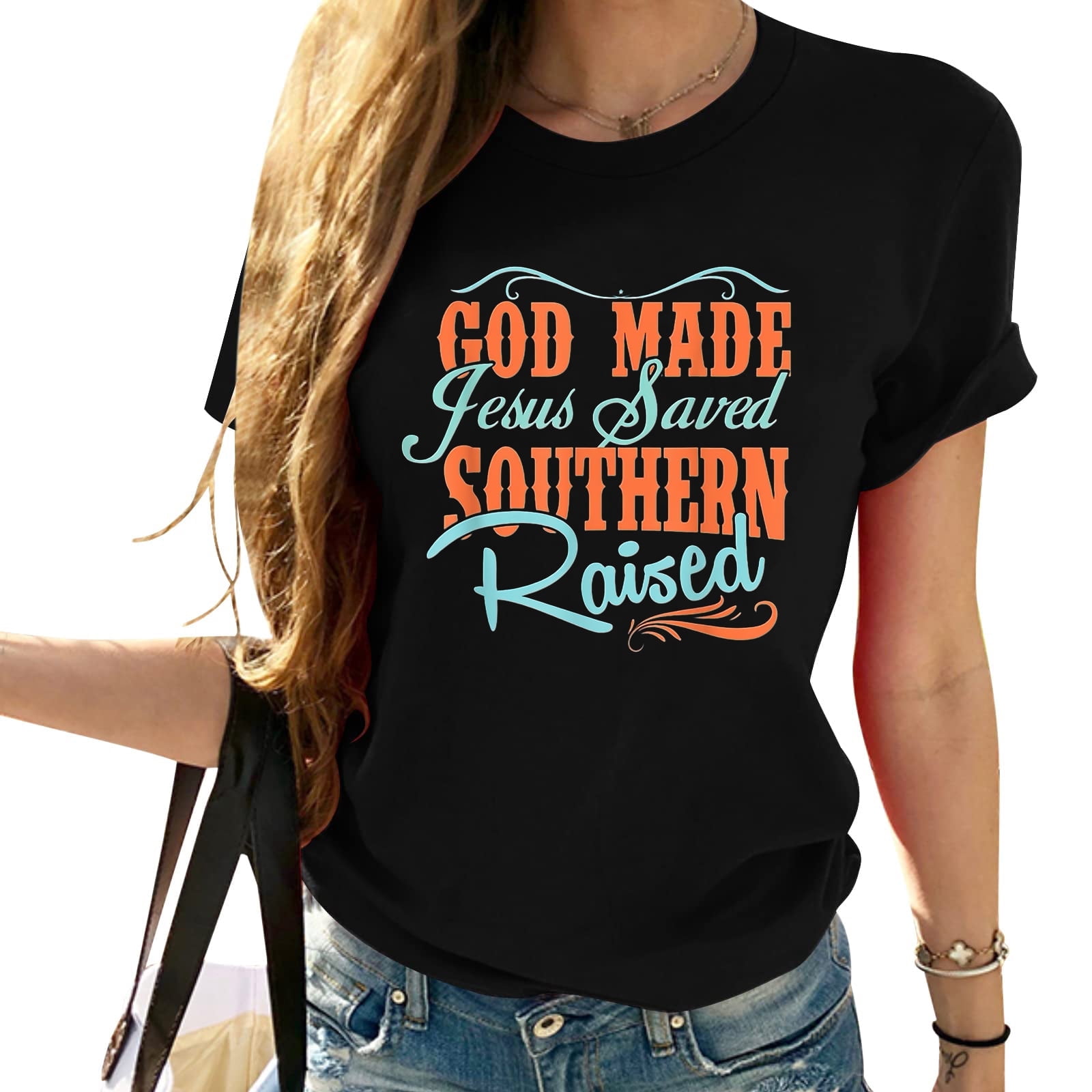 VogueVale God Made Jesus Saved Southern Raised - T Shirt-M - Walmart.com