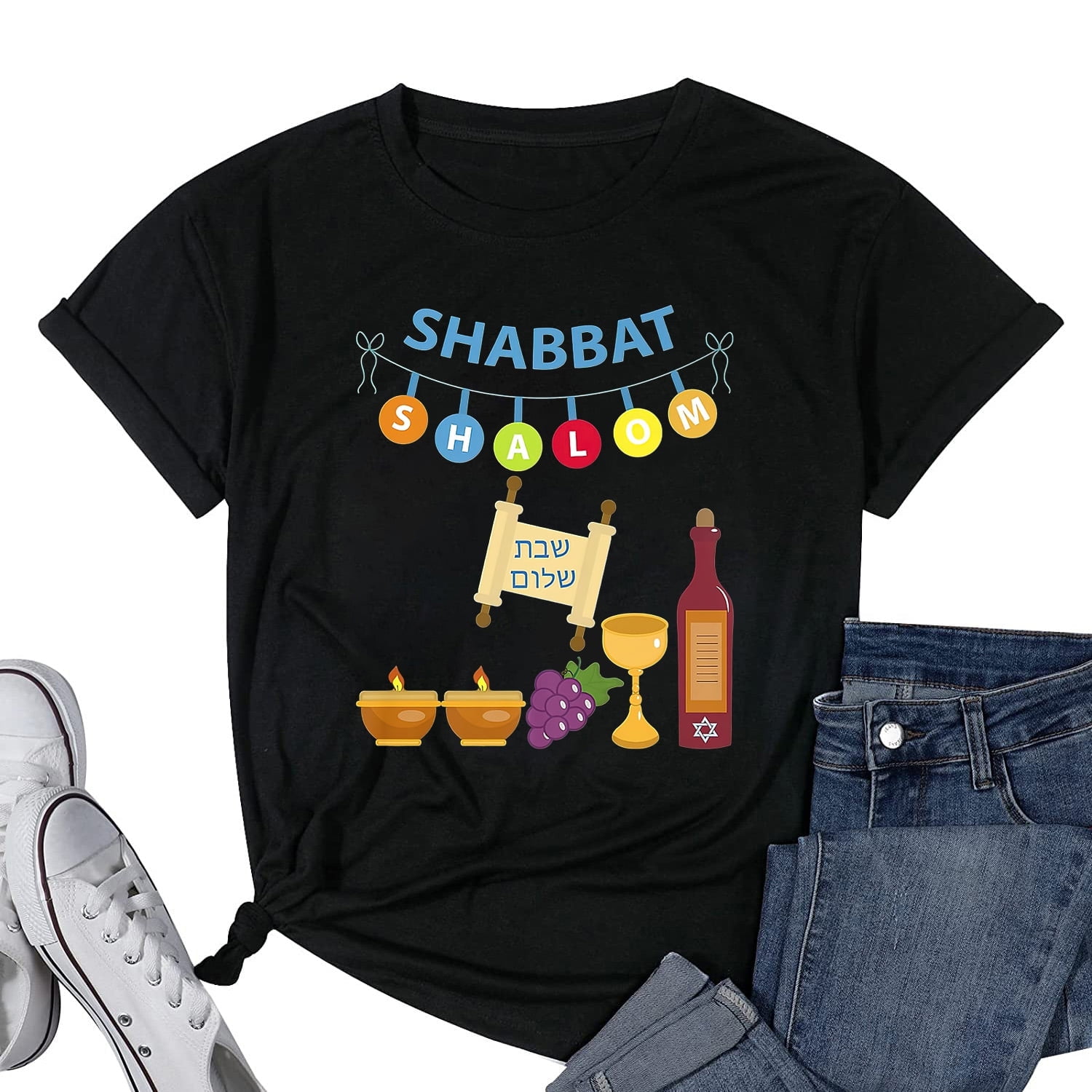VogueVale Womens Shabbat Shalom T-Shirt Funny Jewish 2021 Tee Shirt T ...