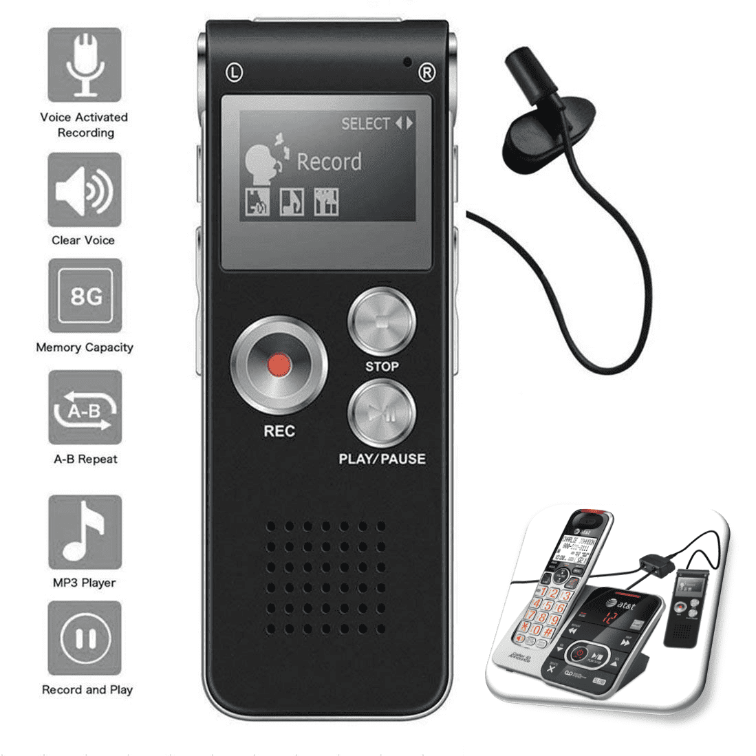 Voice Activated Digital Recorder 8GB USB w Microphone Landline Phone ...