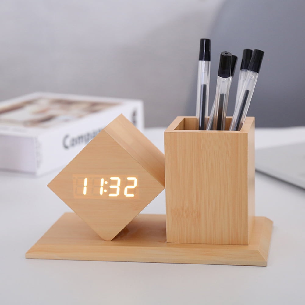Voice-Activated LED Wooden Digital Alarm Clock Desk Table Clocks with ...