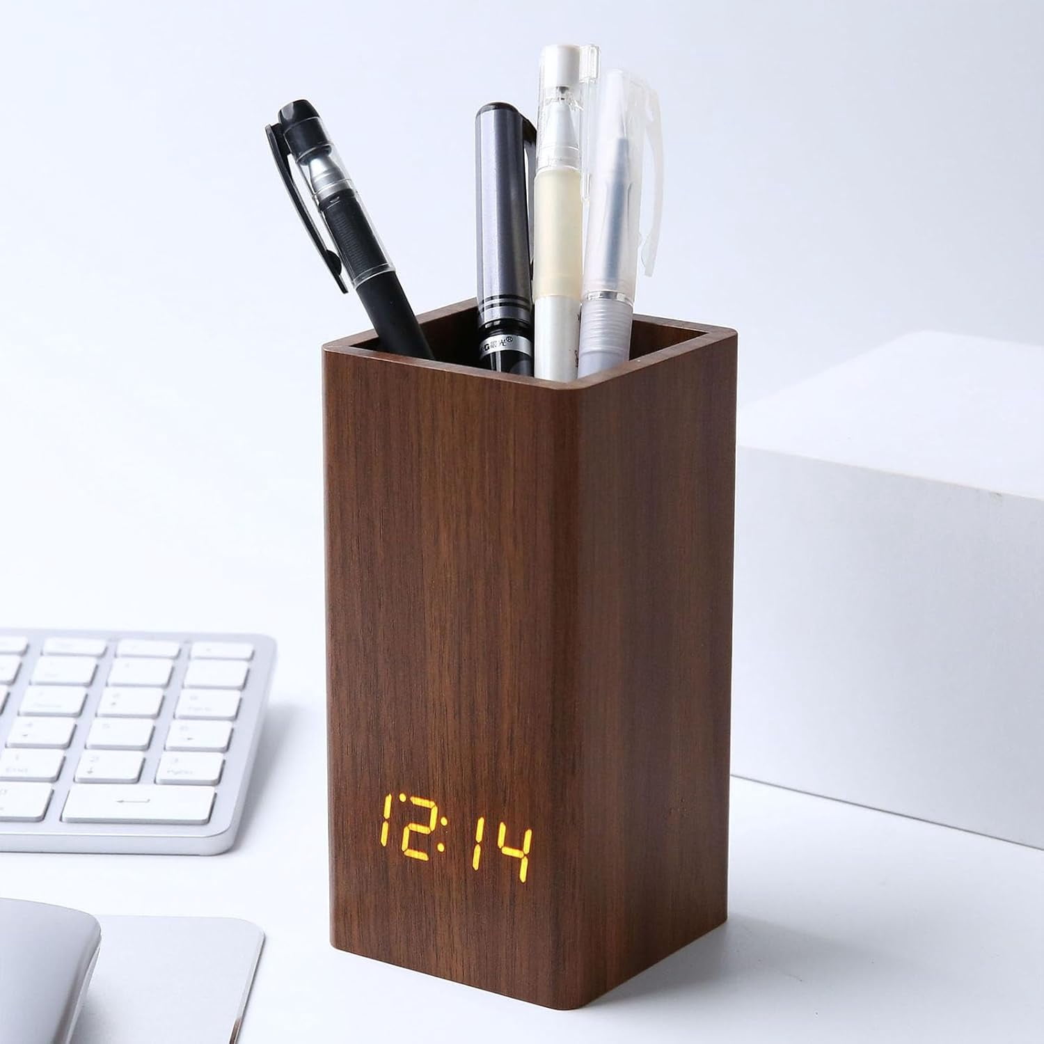 Voice Control Digital Wooden Pen Holder Alarm Clock Desktop LED Pencil ...