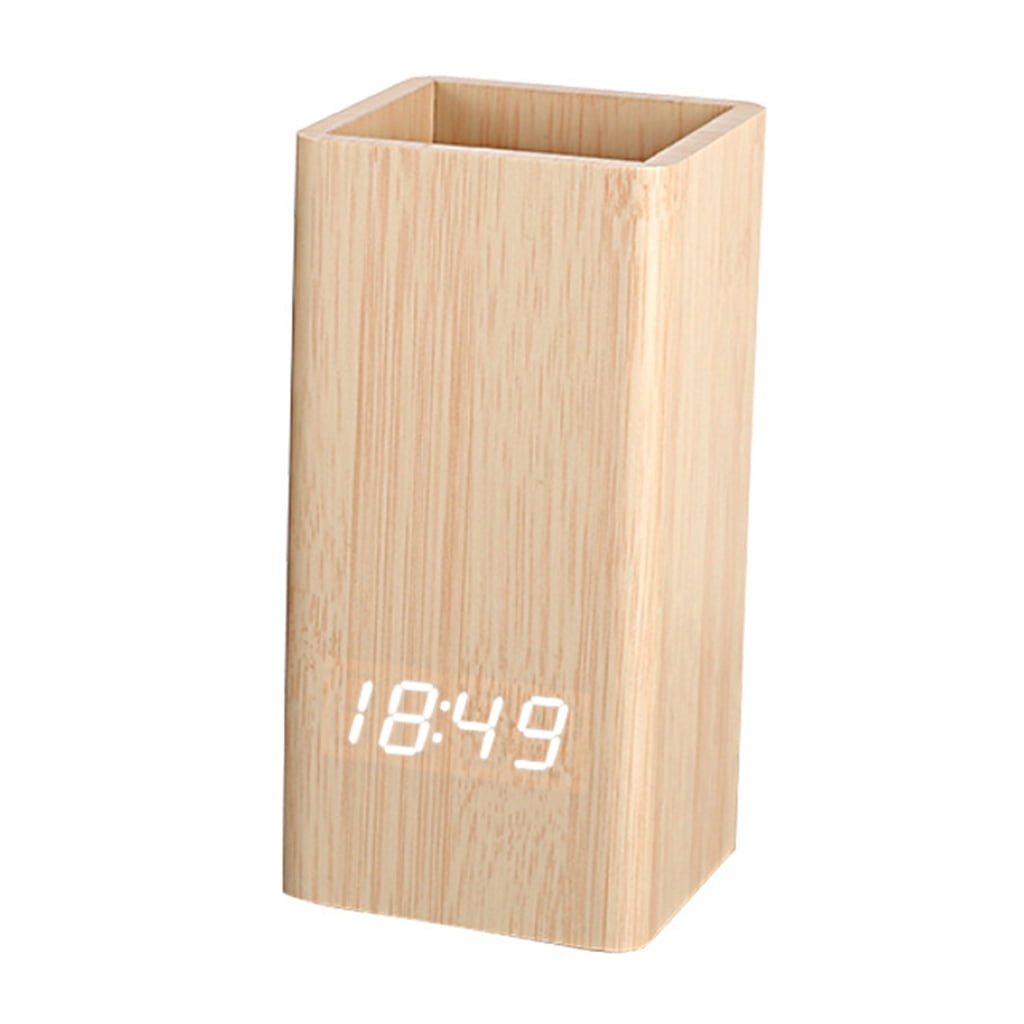 Voice Control Digital Wooden Pen Holder Alarm Clock Desktop LED Pencil ...