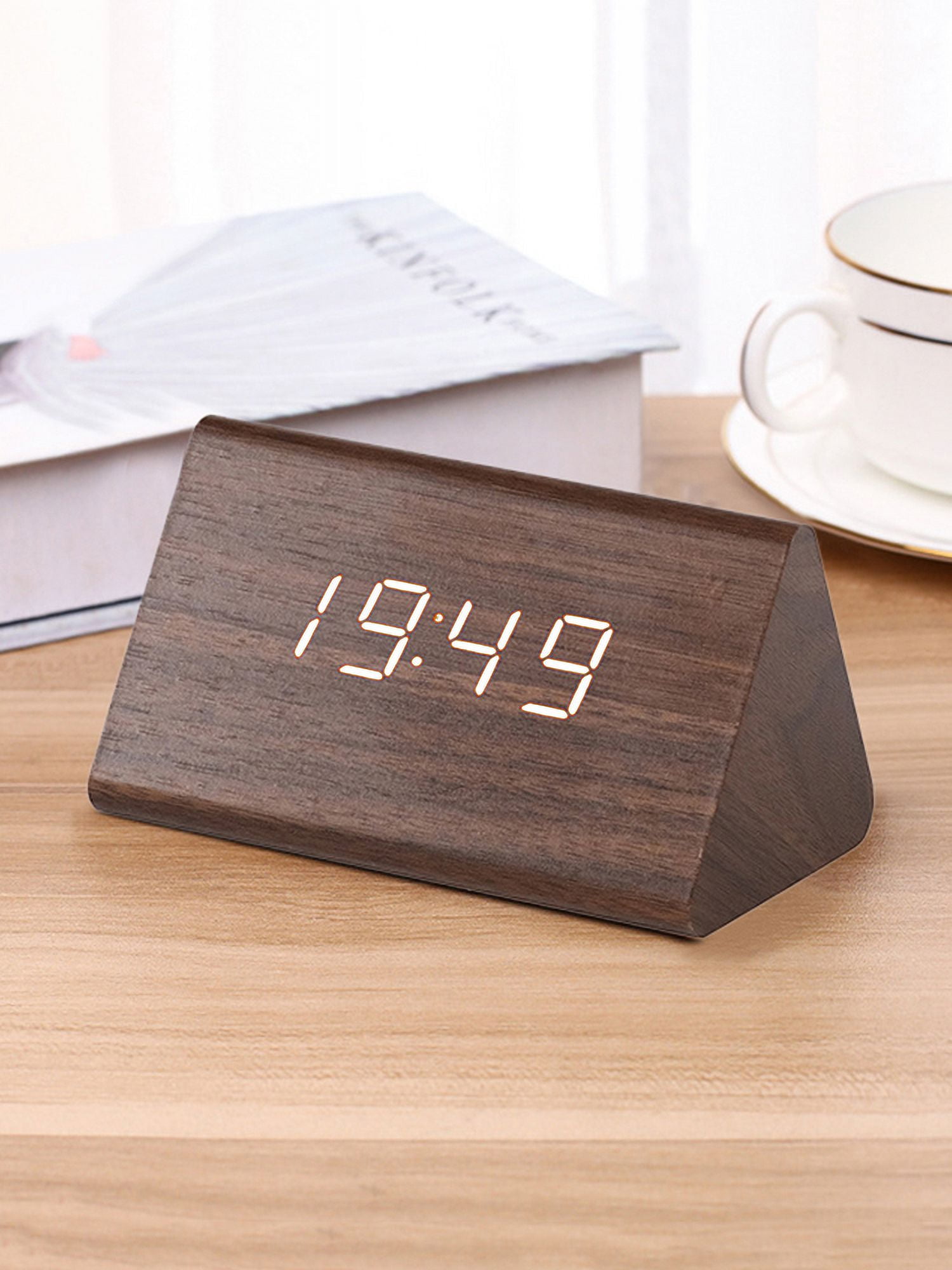 Voice Control Wooden Digital Alarm Clock LED Triangular Table Clock USB ...