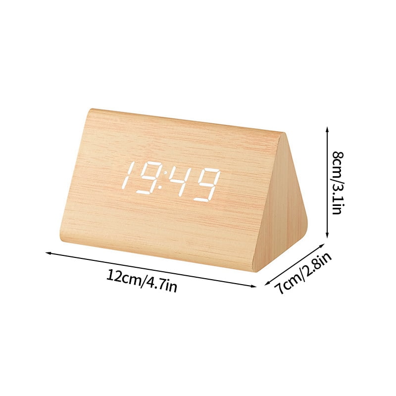 Voice Control Wooden Digital Alarm Clock LED Triangular Table Clock USB/AAA Powered Electronic ...