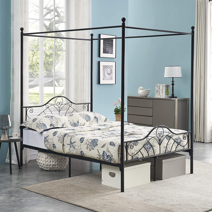Canopy Bed Frame Platform Bed with Twin Size Trundle Modern Wooden ...