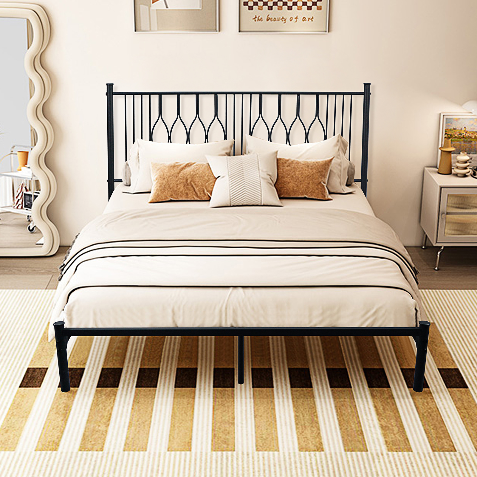 Kitsin Metal Bed Frame Queen Size with Wood Headboard and Metal Slats ...