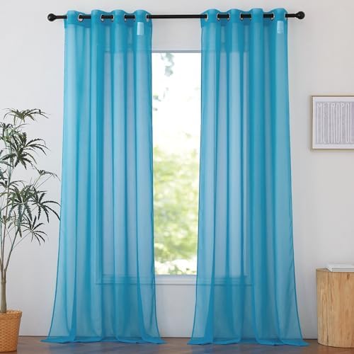 Voile Sheer Teal Curtains 96 inches Long 2 Panels Set, Grommet Casual ...