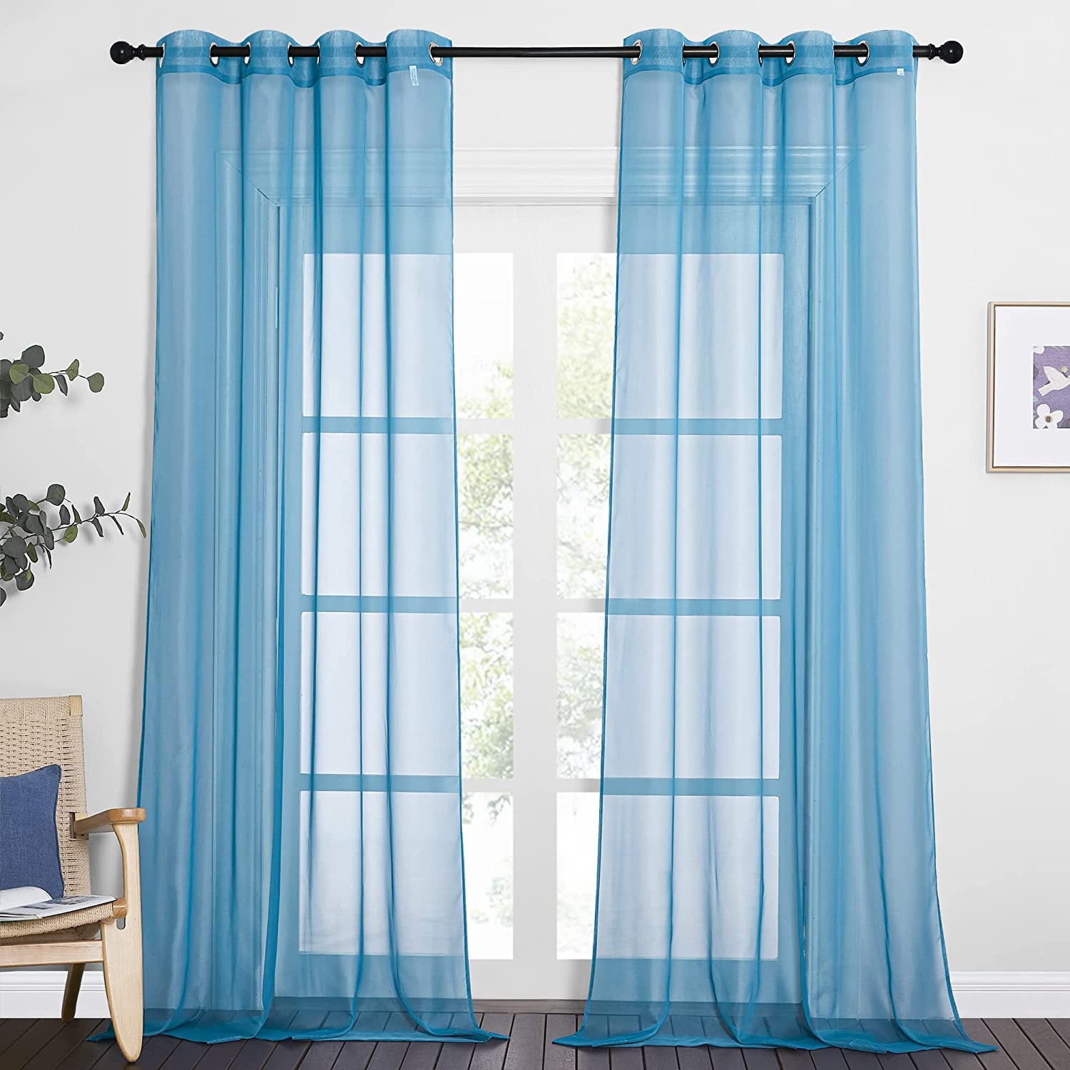 Voile Sheer Turquoise Curtains 90 inch Length, Grommet Airy Voile Sheer ...