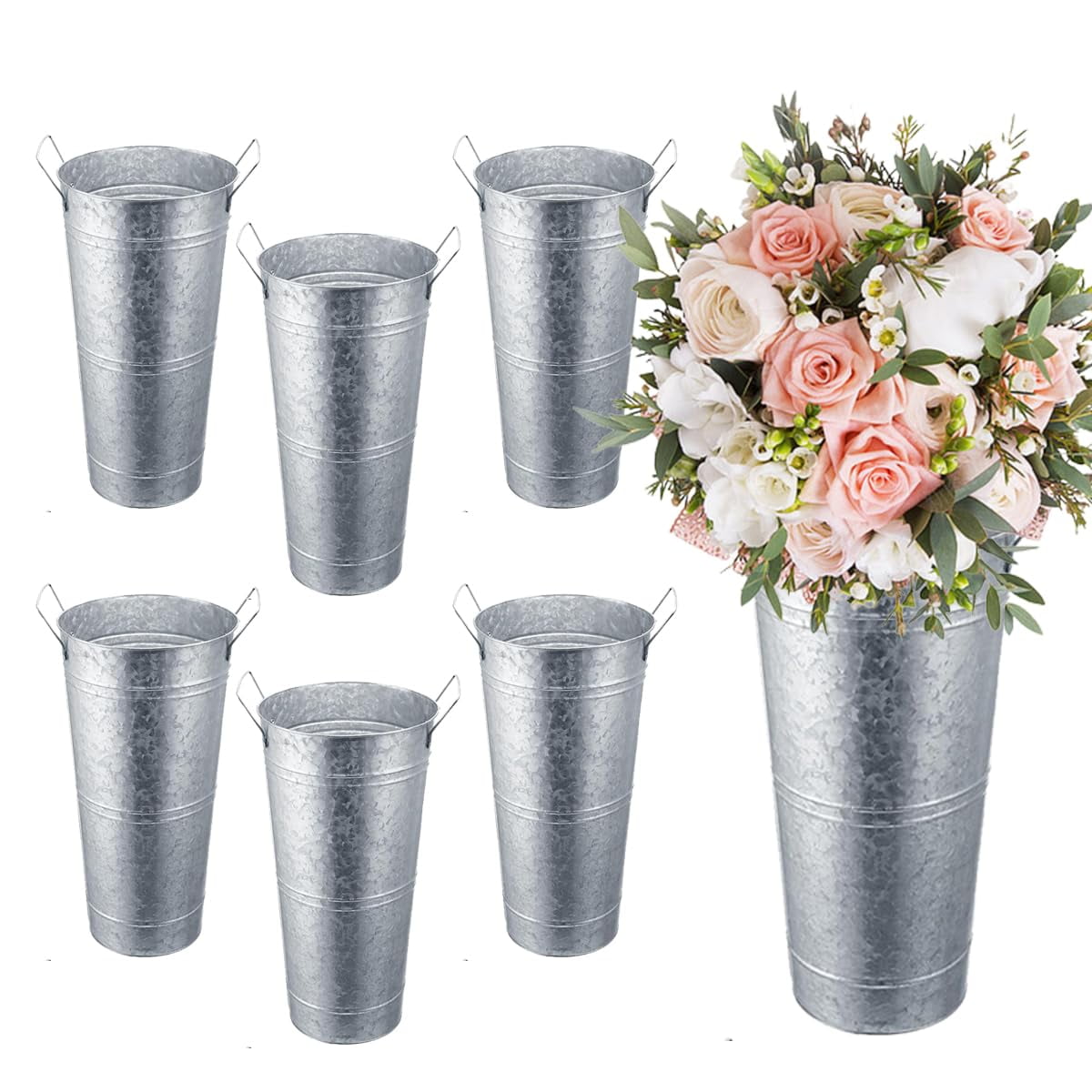 Voittozege 6 Pack Galvanized Metal Vases 9 Inch Flower Buckets Bulk ...
