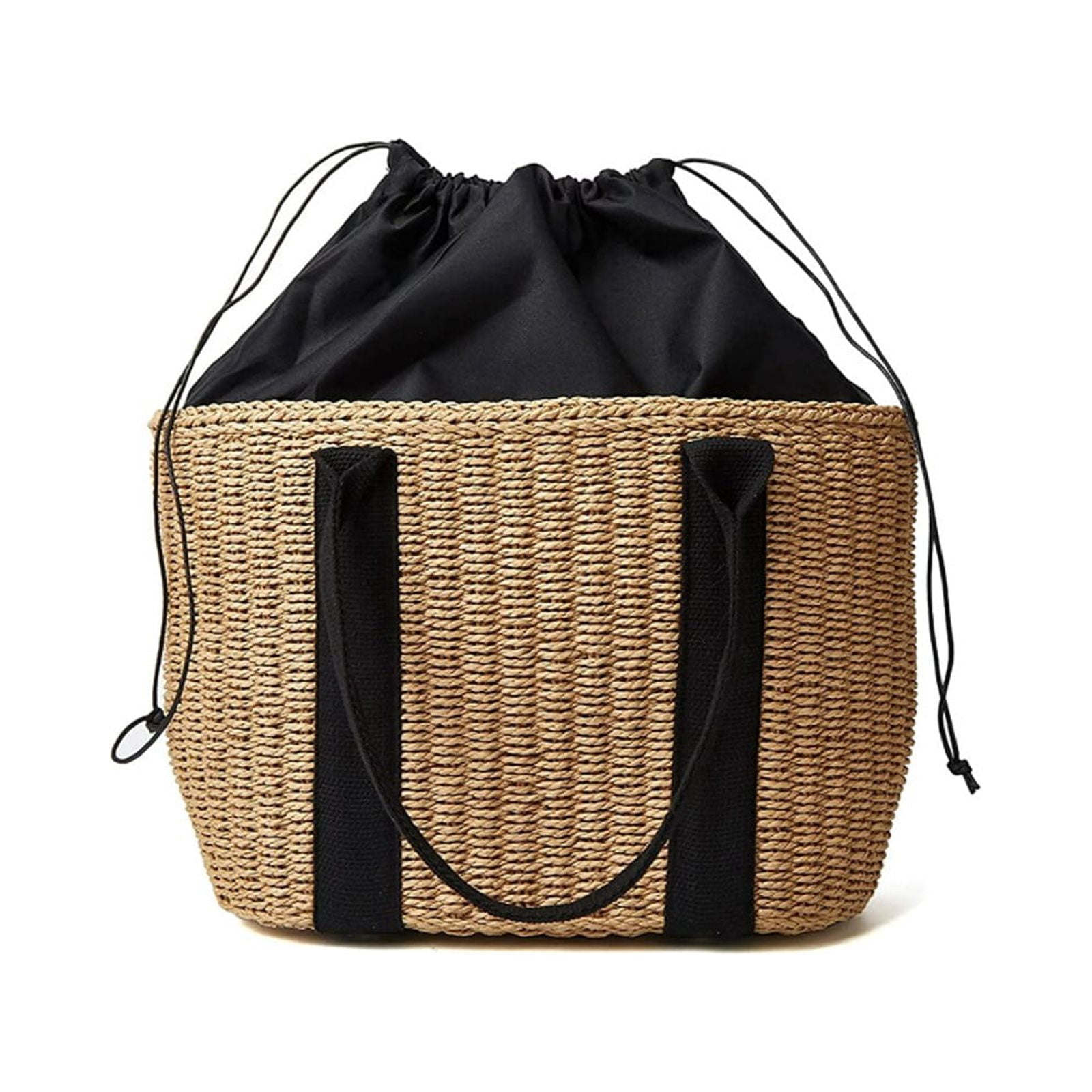 Vokbdy Simple Straw Bag, Enlarged Oval Paper Rope Black Belt Woven Bag ...