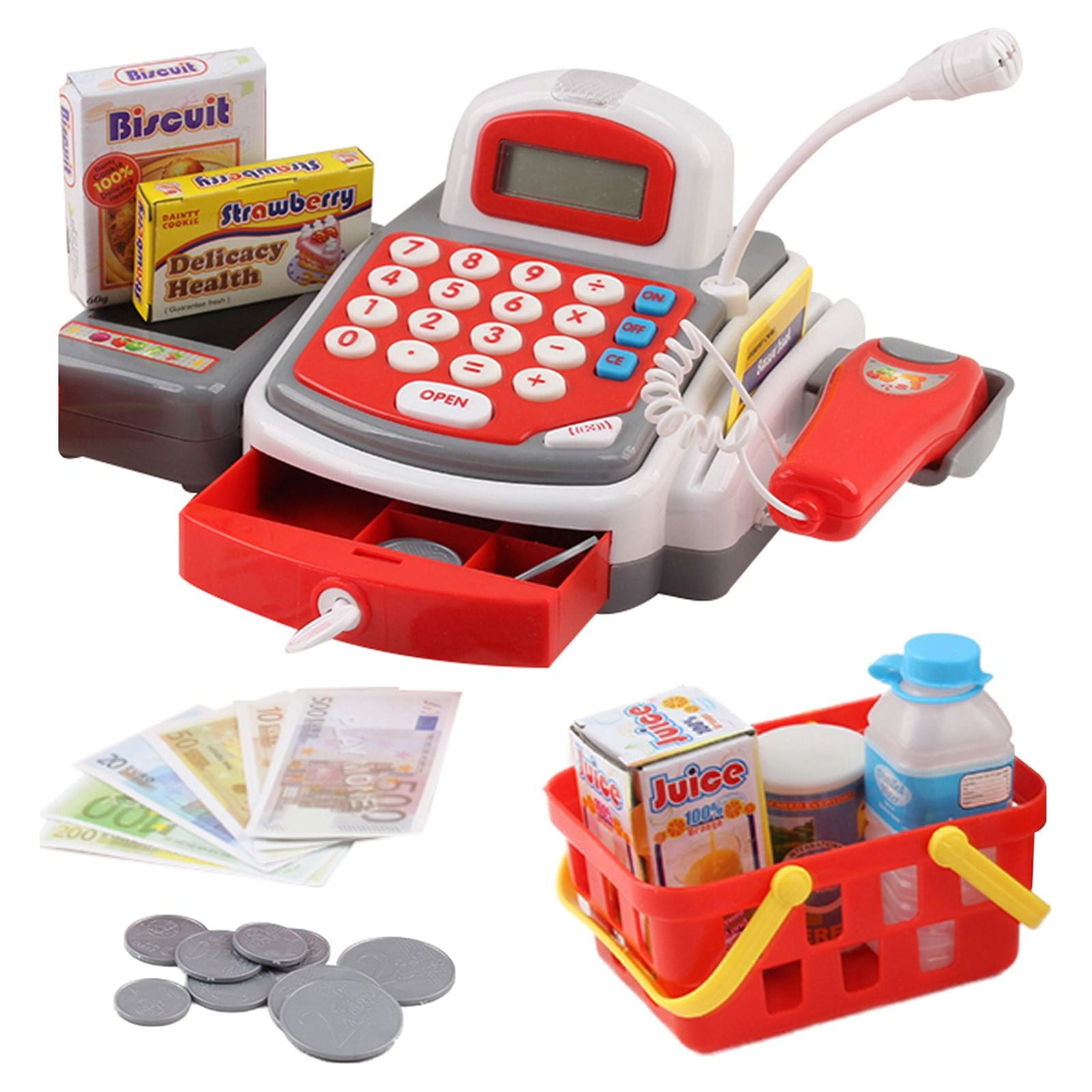 Vokodo Toy Cash Register With Microphone Calculator Grocery Items ...