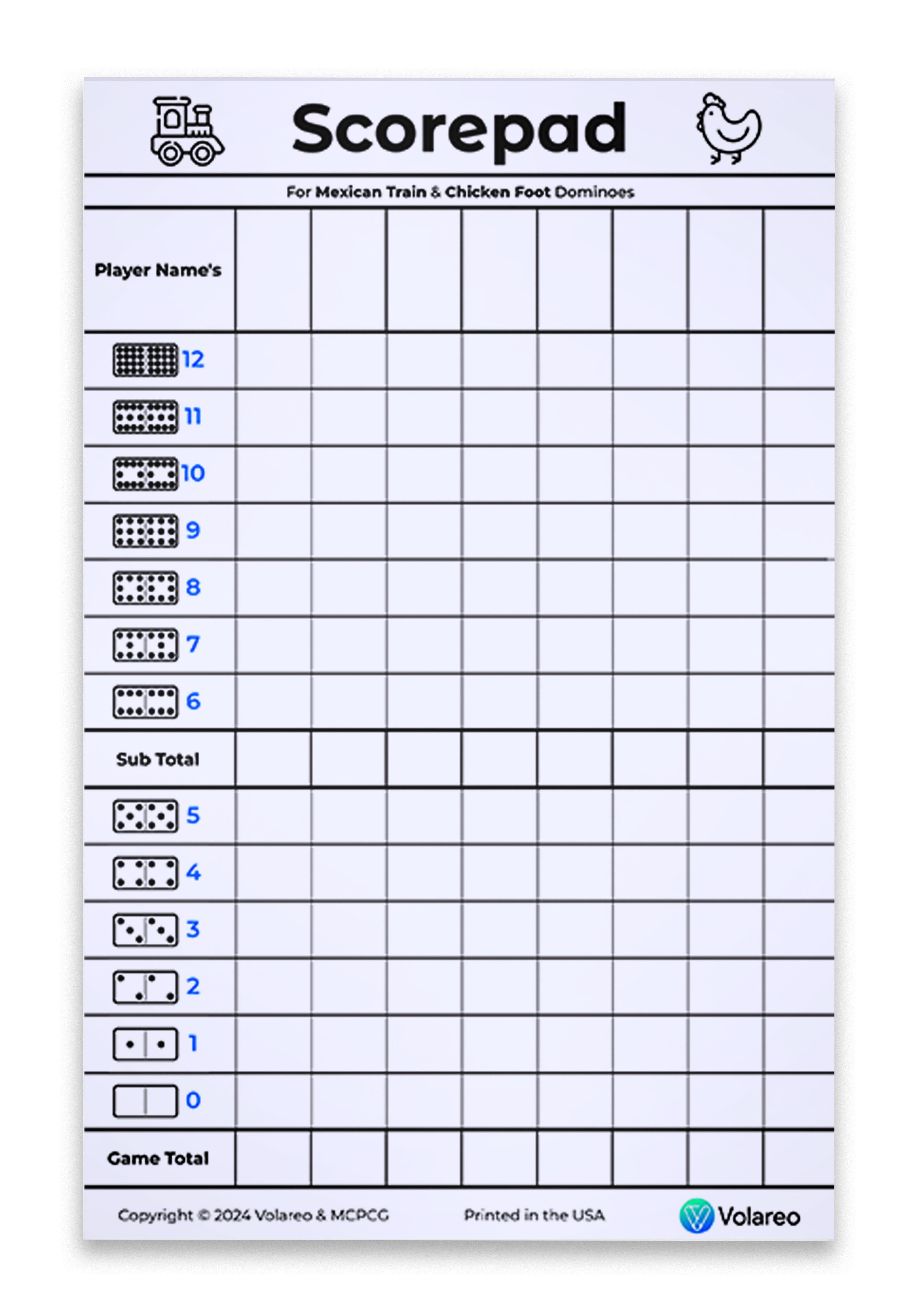 Volareo Mexican Train and Chicken Foot Dominoes Score Pad - 100 Scoring ...