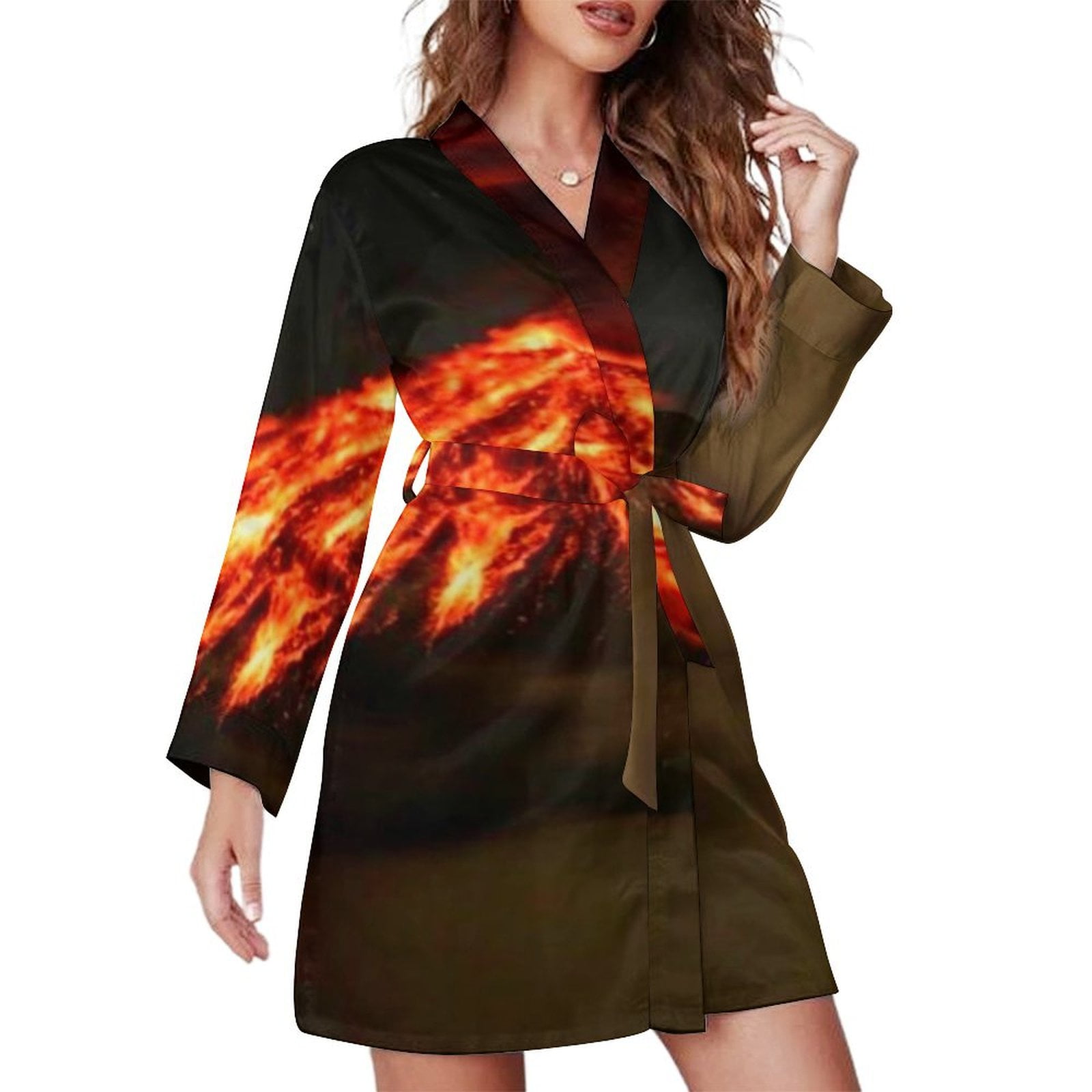 Volcanic Eruption Glowing Night Robe Long Sleeve V Neck Robe With Belt ...