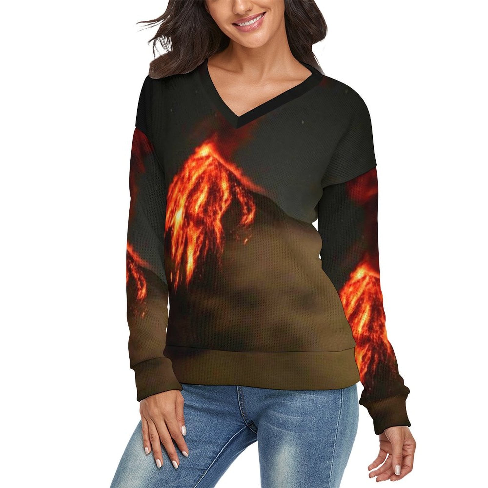 Volcanic Eruption Glowing V-neck Sweater Winter Clothes Long Sleeve ...