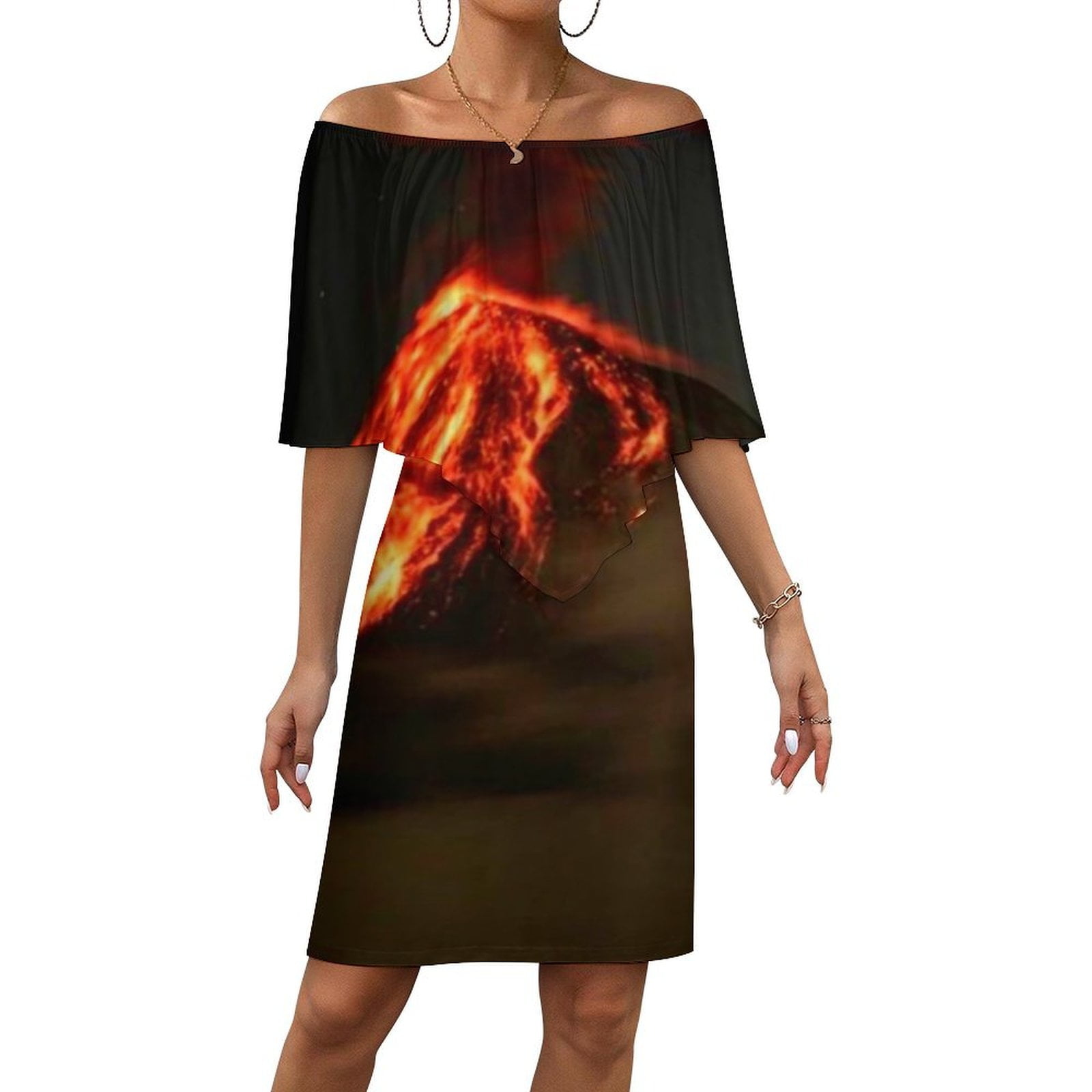 Volcanic Eruption Glowing Women's Off The Shoulder Ruffles Summer ...