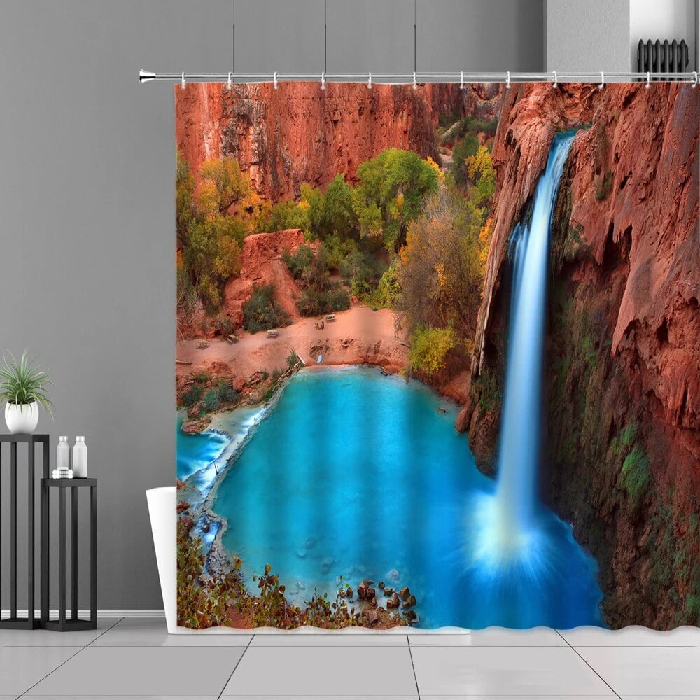 Volcanic Eruption Landscape Shower Curtains Waterfall Rock Stone Canyon ...