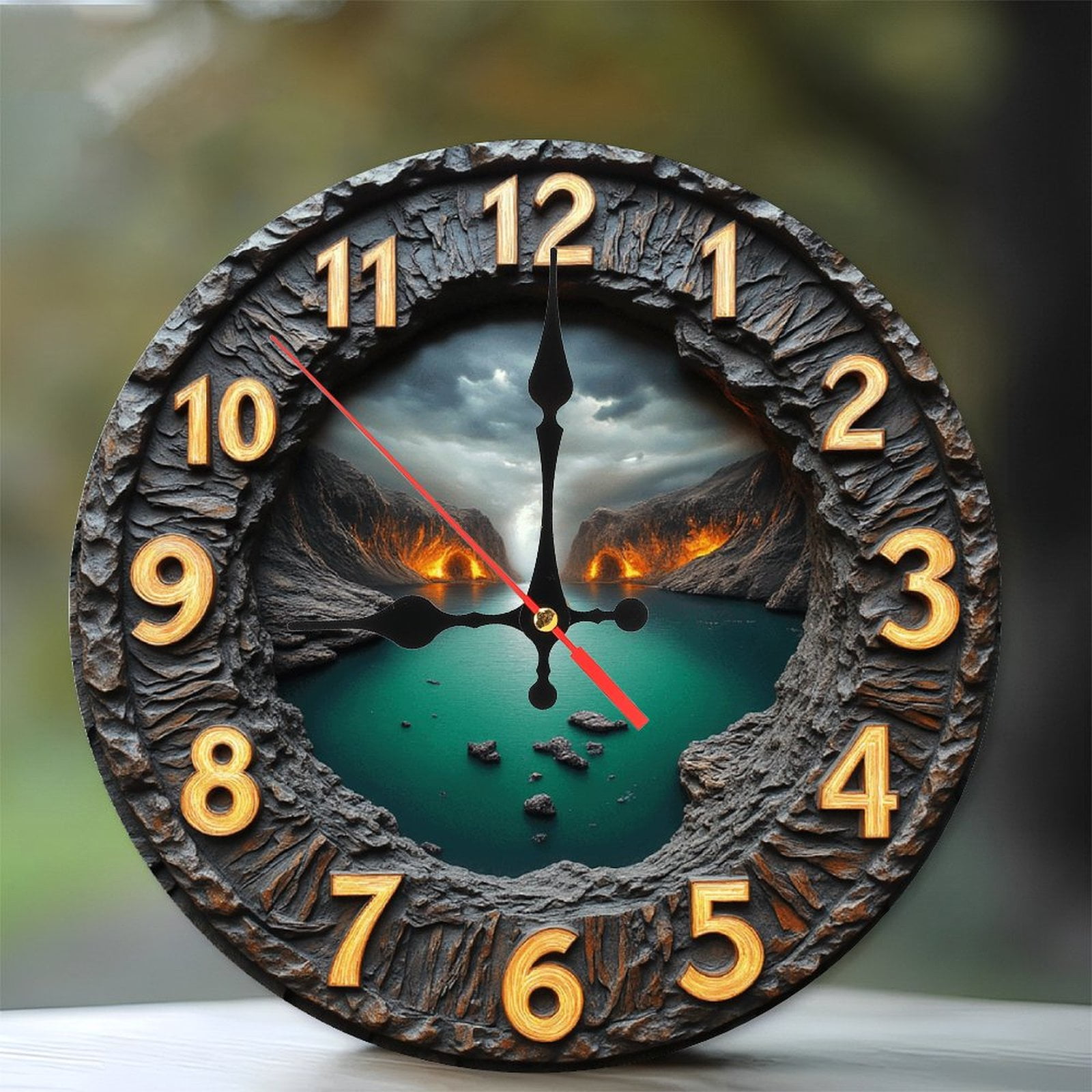 Volcanic Lake Landscape Wall Clock 10-Inch Silent Wooden Wall Clock ...