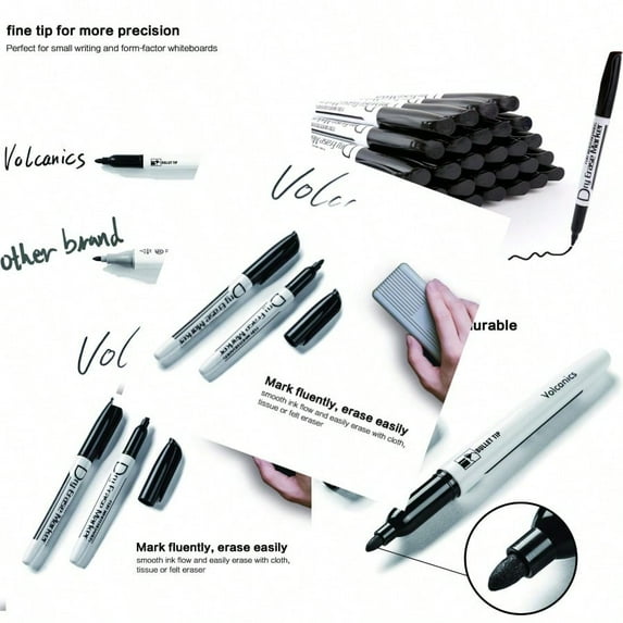 Volcanics Black Dry Erase Markers Low Odor Fine Whiteboard Markers Thin ...