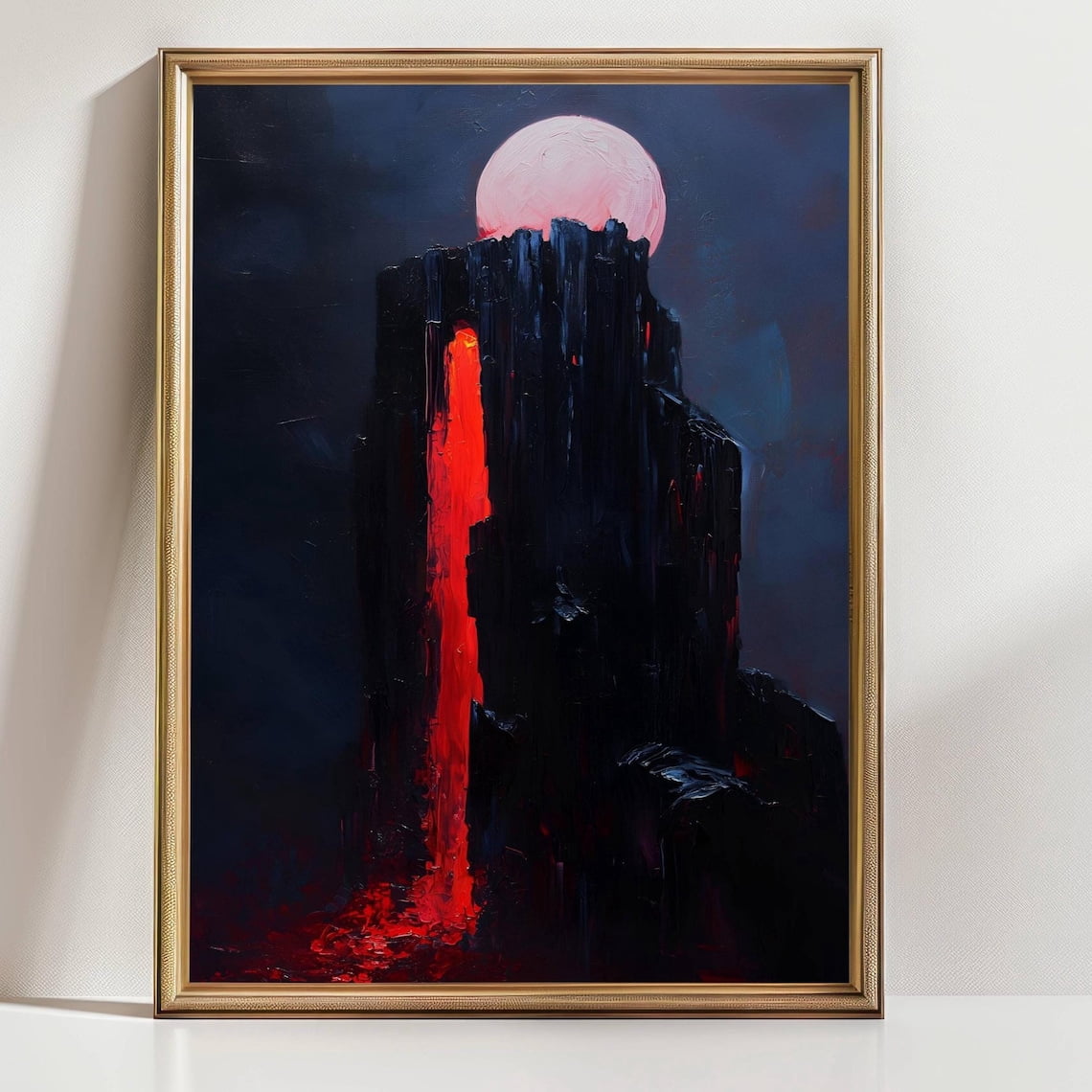 Volcano Castle Moon Wall Art, Dark Abstract Landscape Print, Fiery Lava ...